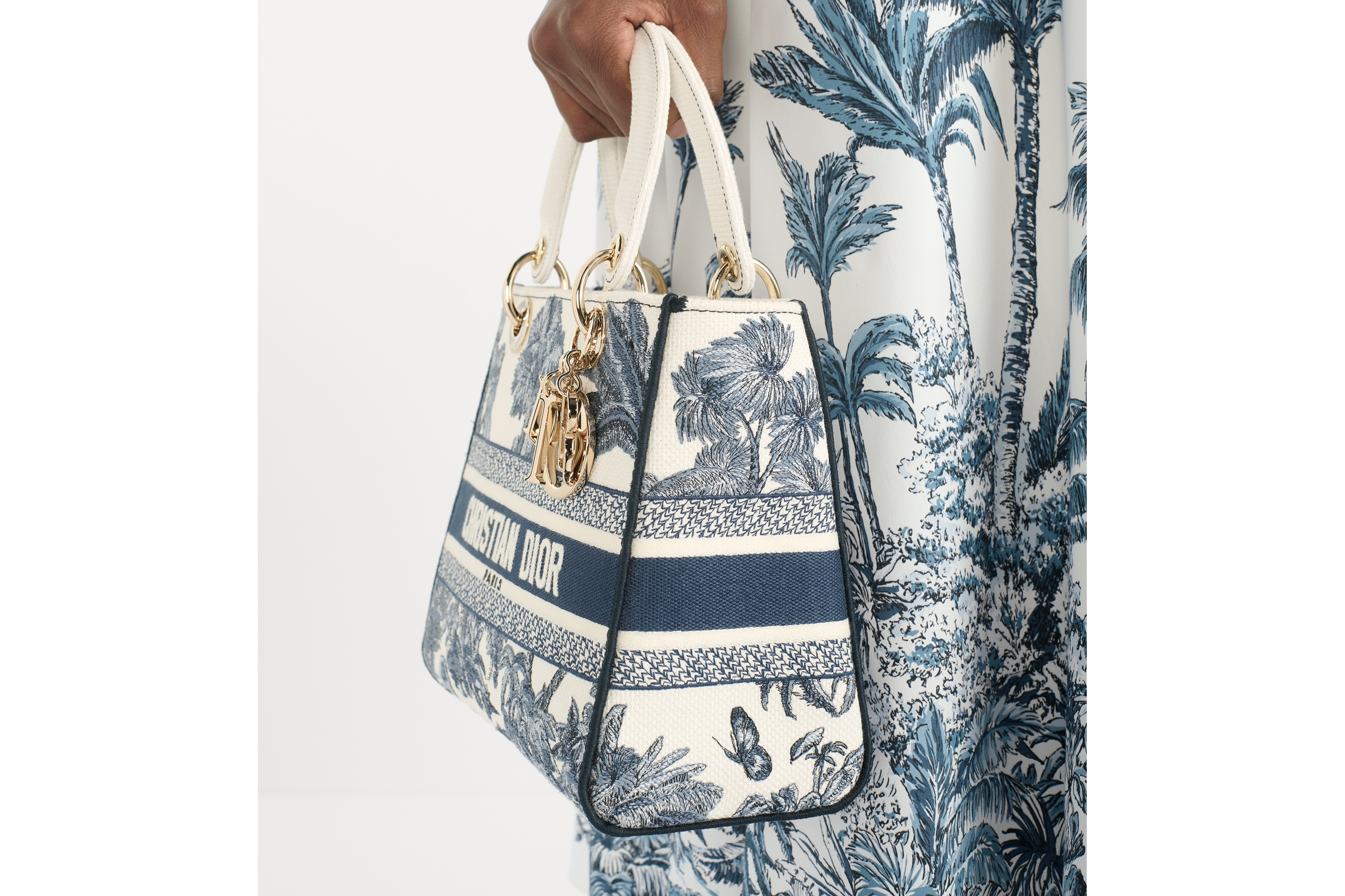 Dioriviera Medium Lady D-Lite Bag White and Blue Toile de Jouy Palms ...
