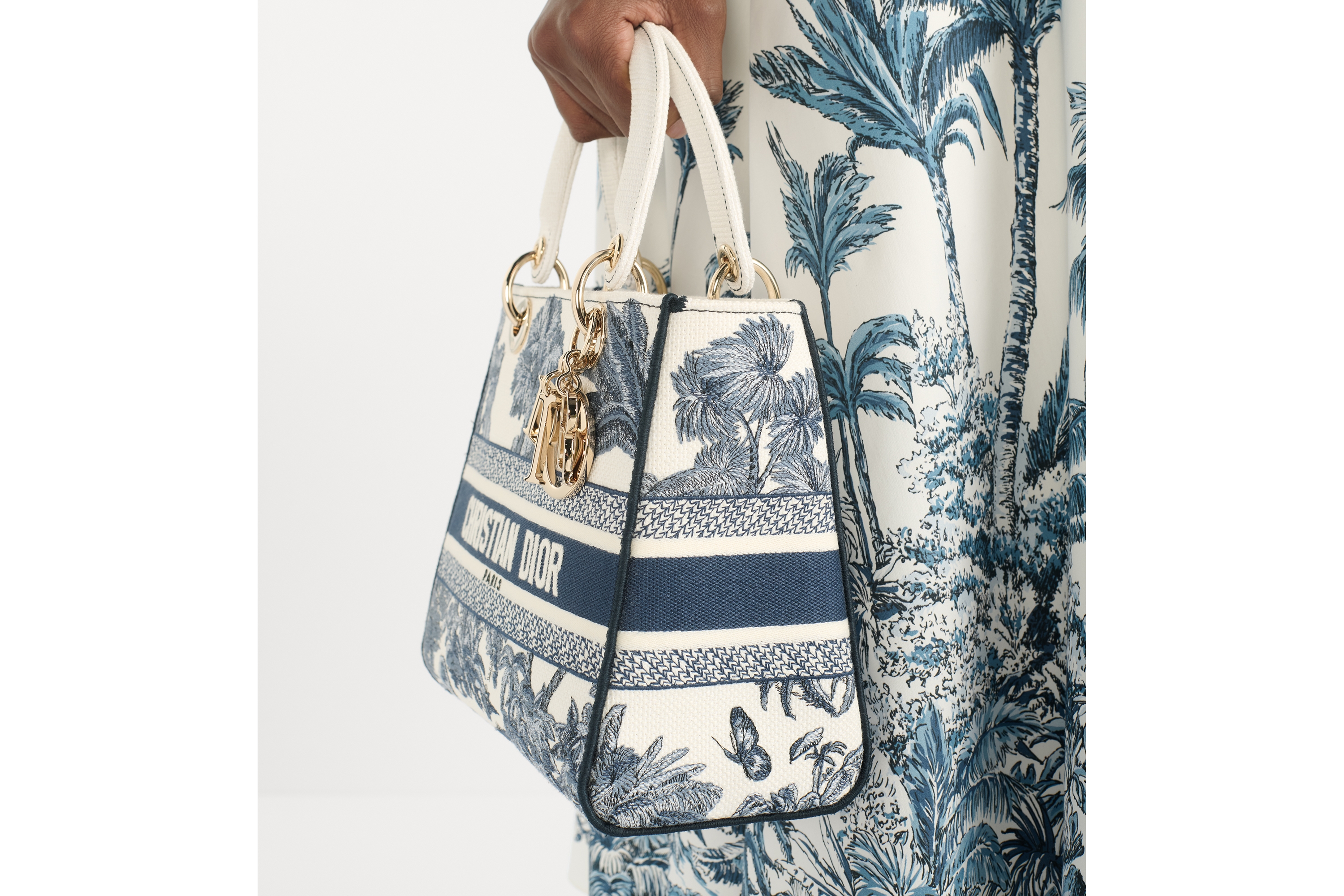 Dioriviera Medium Lady D-Lite Bag White and Blue Toile de Jouy Palms ...
