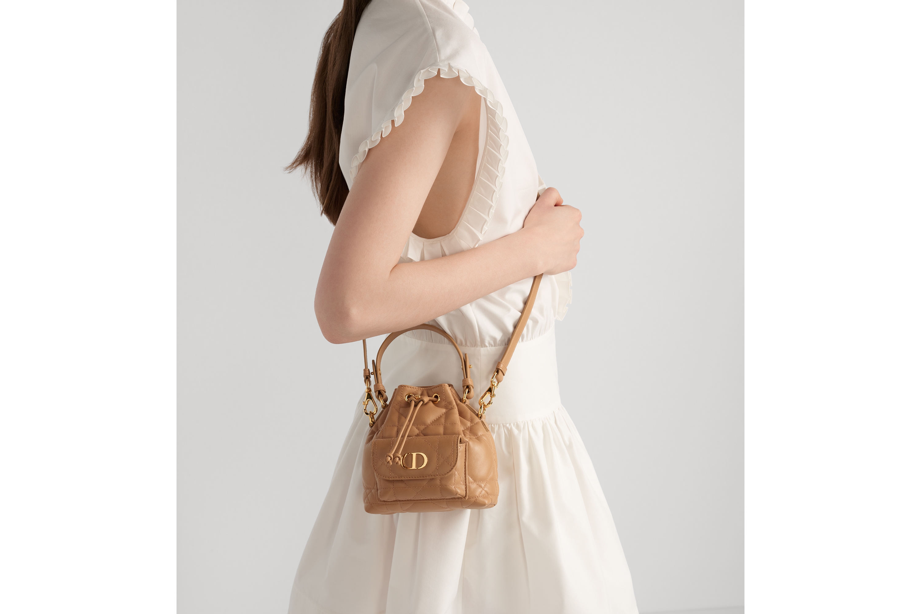 Dior Caro Nano Bucket Bag Light Gold-Tone Macrocannage Lambskin | DIOR