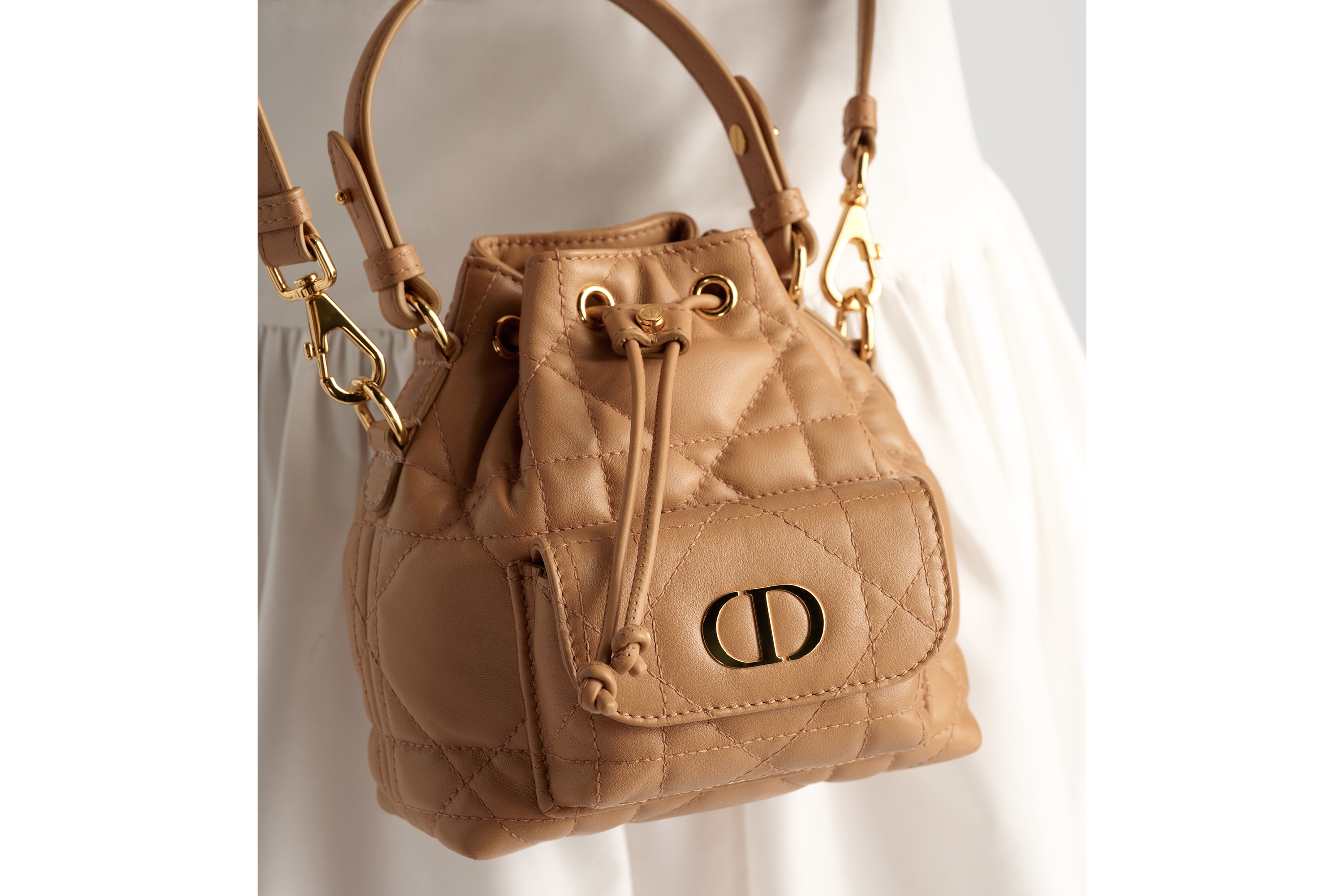 Dior Caro Nano Bucket Bag Light Gold-Tone Macrocannage Lambskin | DIOR