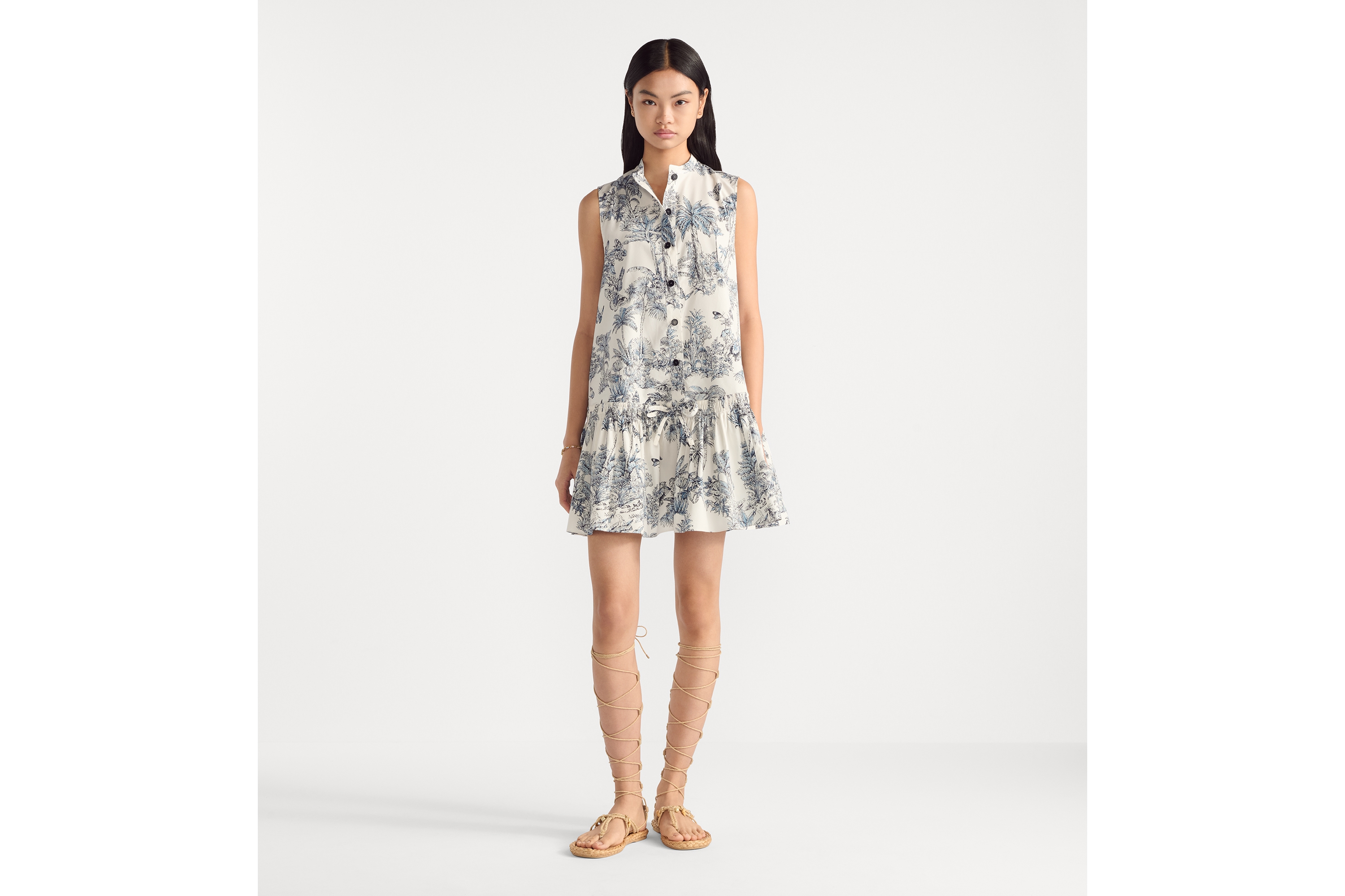 Dioriviera Straight Ruffled Dress White and Blue Toile de Jouy Palms ...