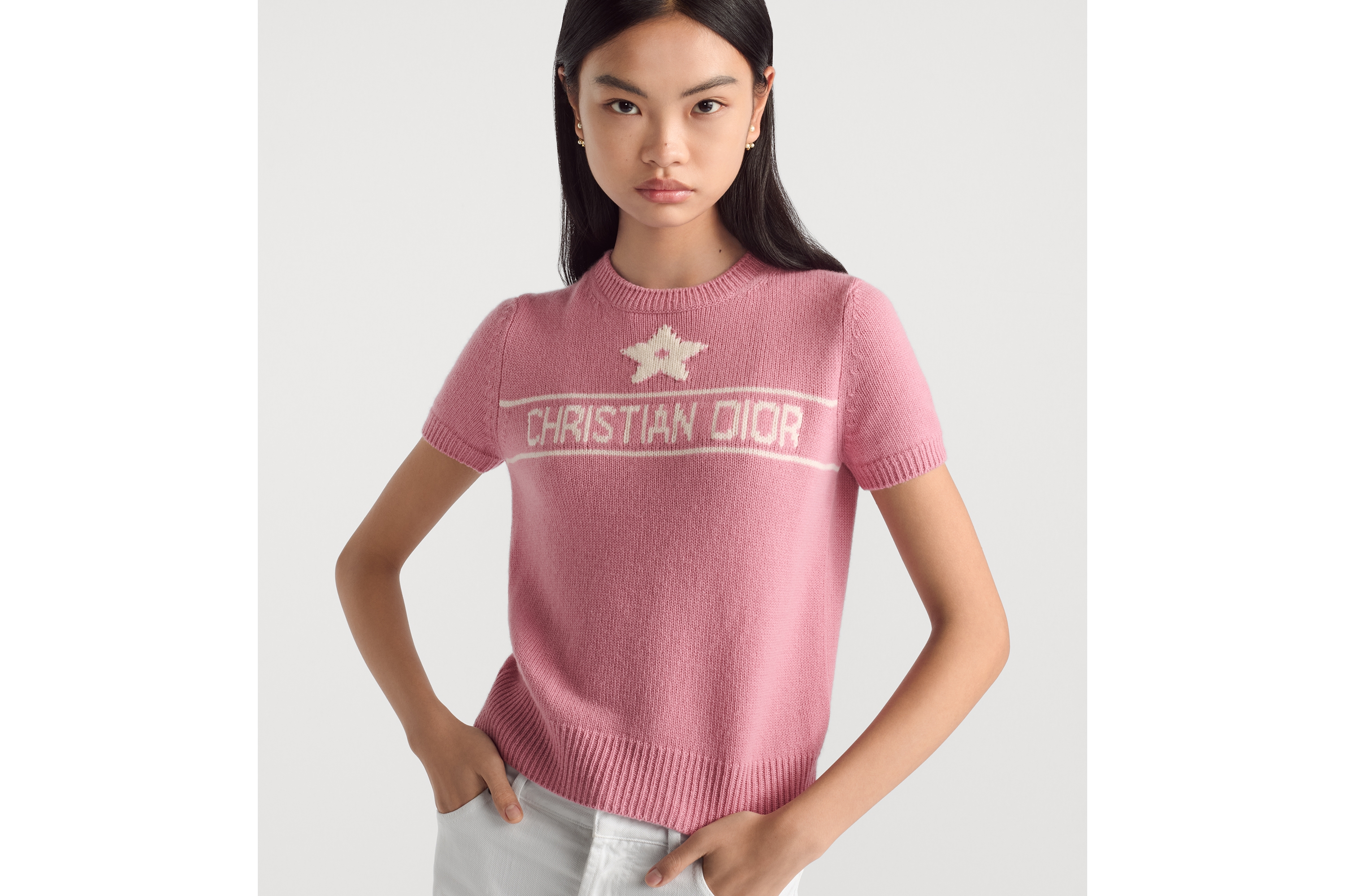 Suéter Dioriviera de manga corta Punto de cachemira rosa con firma | DIOR