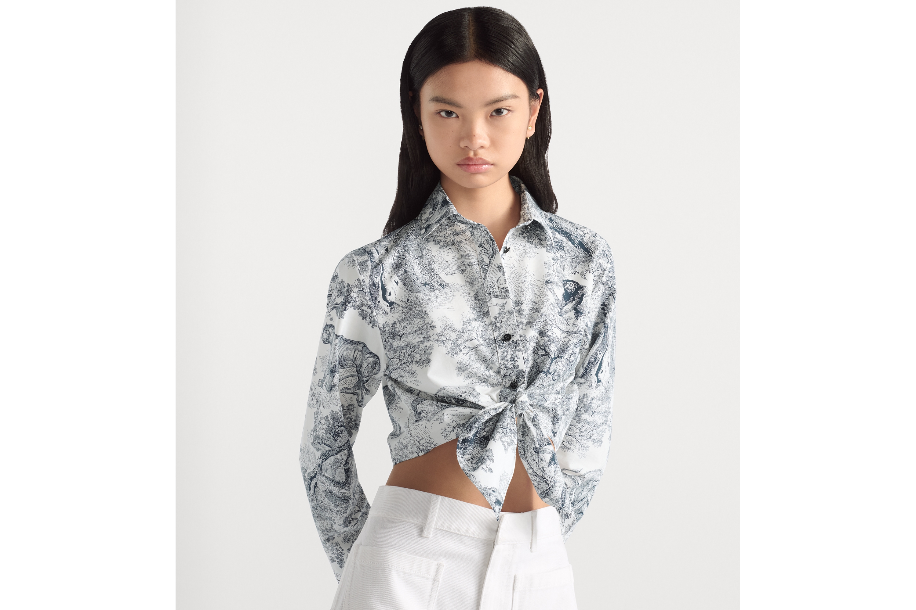 Dioriviera Cropped Tied Blouse White and Deep Blue Toile de Jouy ...