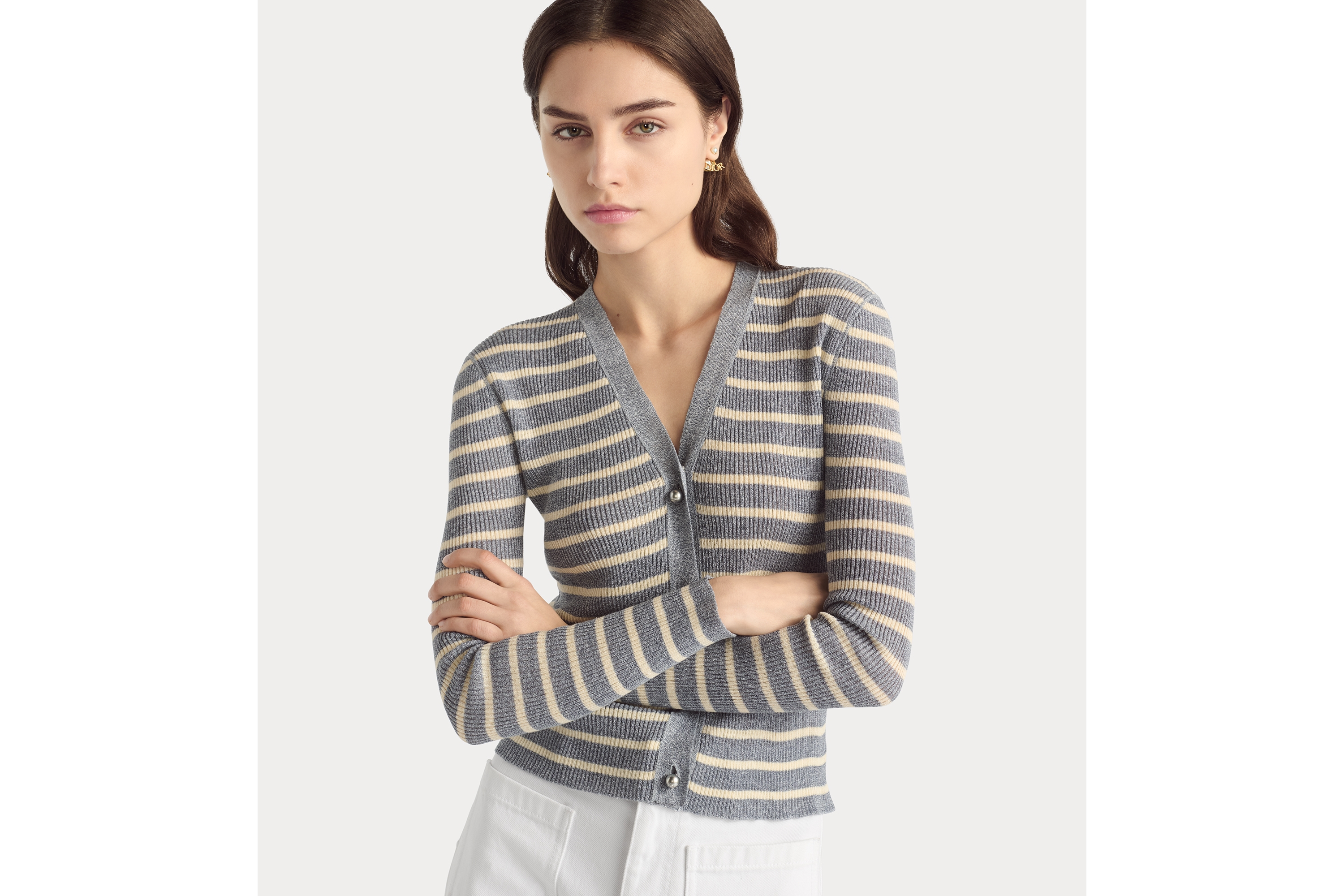 Dioriviera Cardigan White and Navy Blue D-Stripes Linen and Silk Knit ...