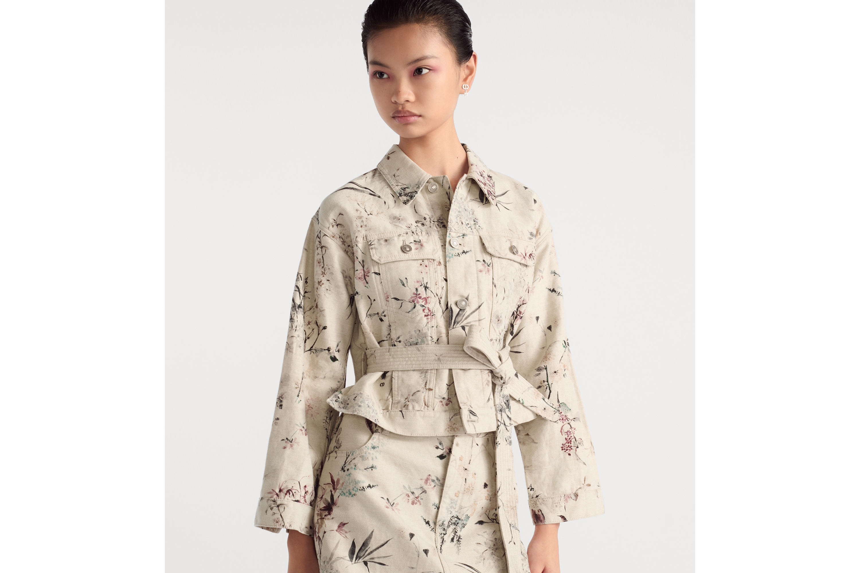 Short Belted Jacket Beige Cotton Denim with Multicolor Millefiori Motif ...