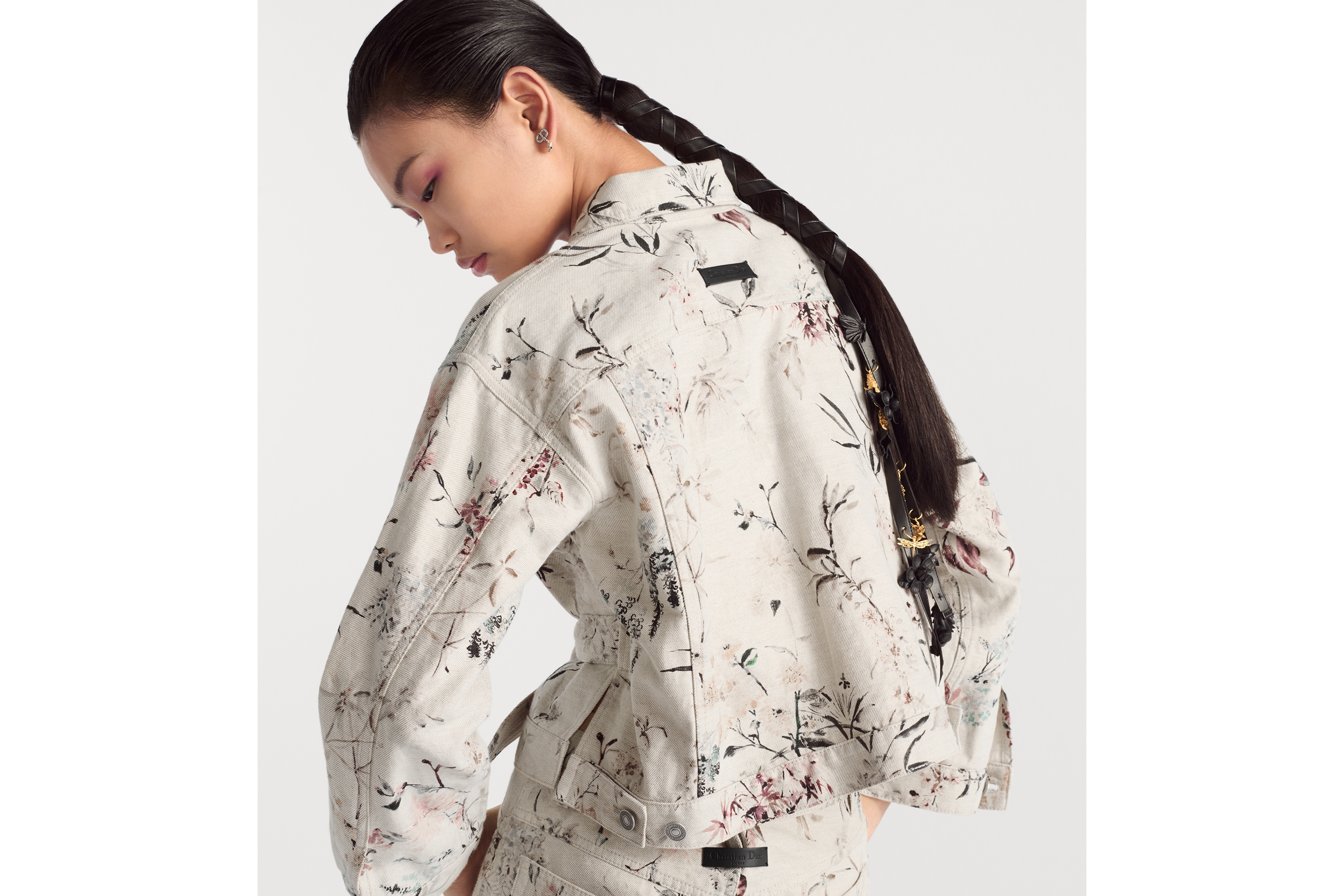 Short Belted Jacket Beige Cotton Denim with Multicolor Millefiori Motif ...