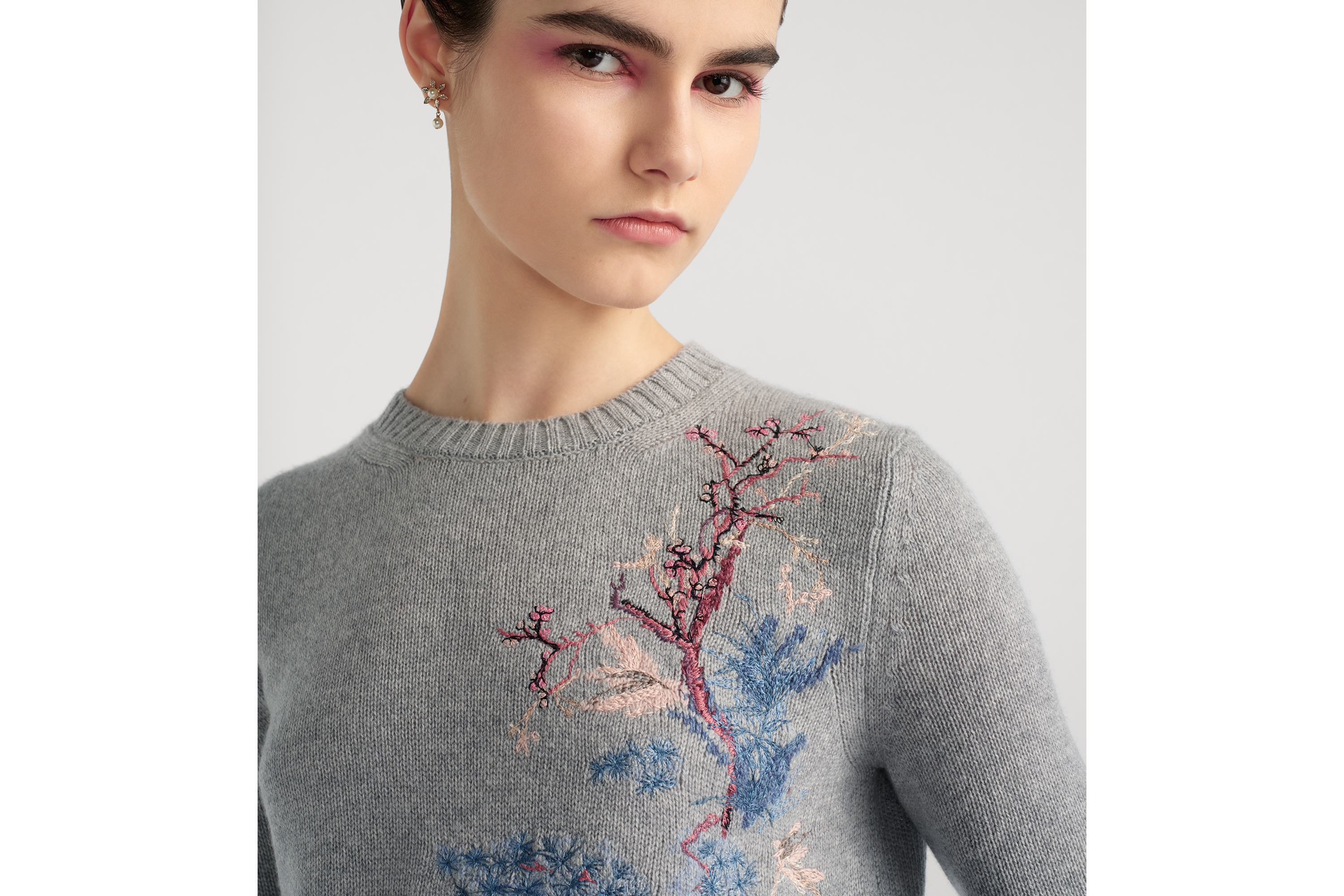 Embroidered Sweater Gray Cashmere Knit with Multicolor Dior Pine Tree ...