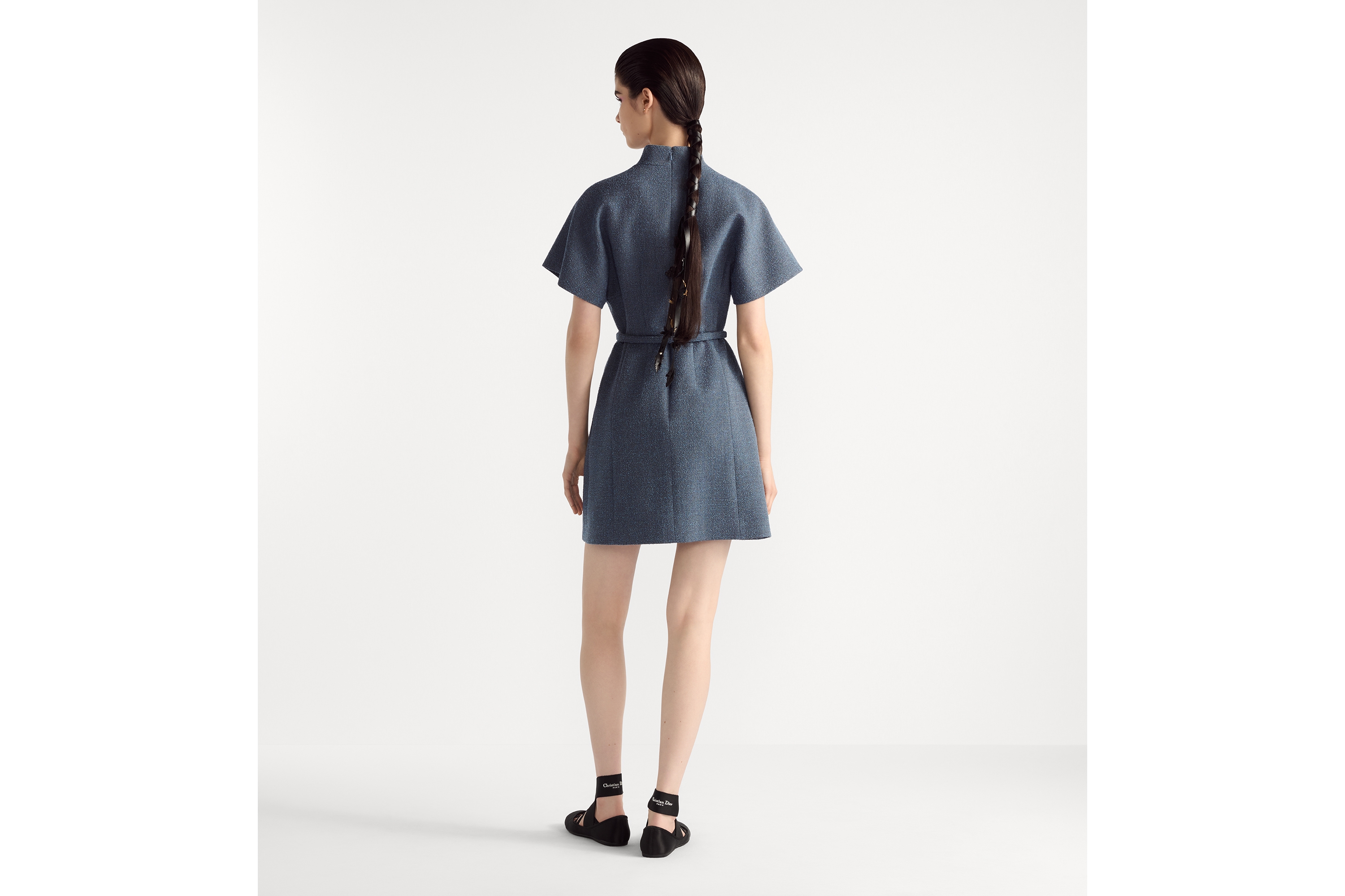 Short Flared Dress Blue Virgin Wool-Cotton-Blend Bouclé | DIOR