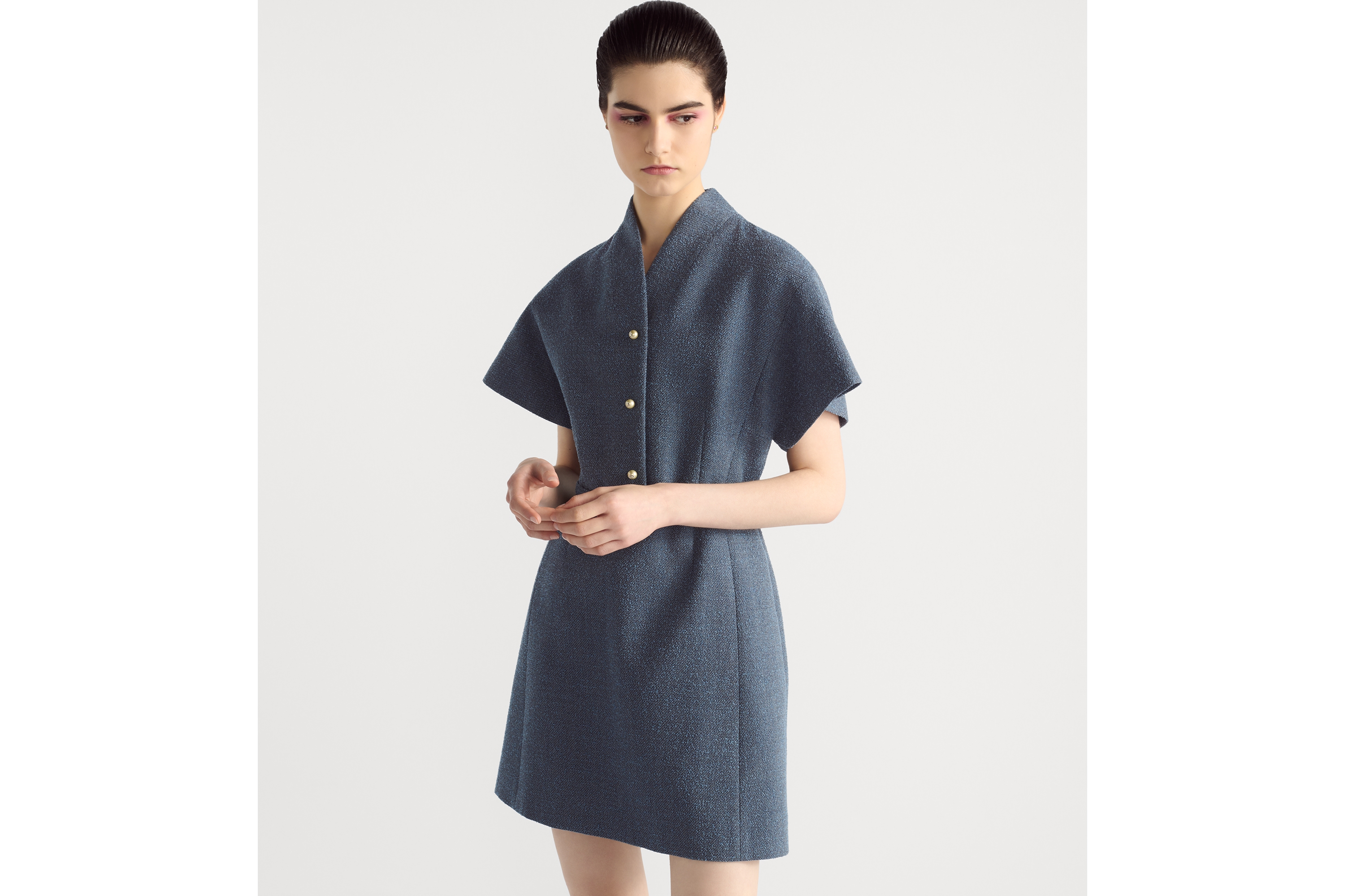 Short Flared Dress Blue Virgin Wool-Cotton-Blend Bouclé | DIOR