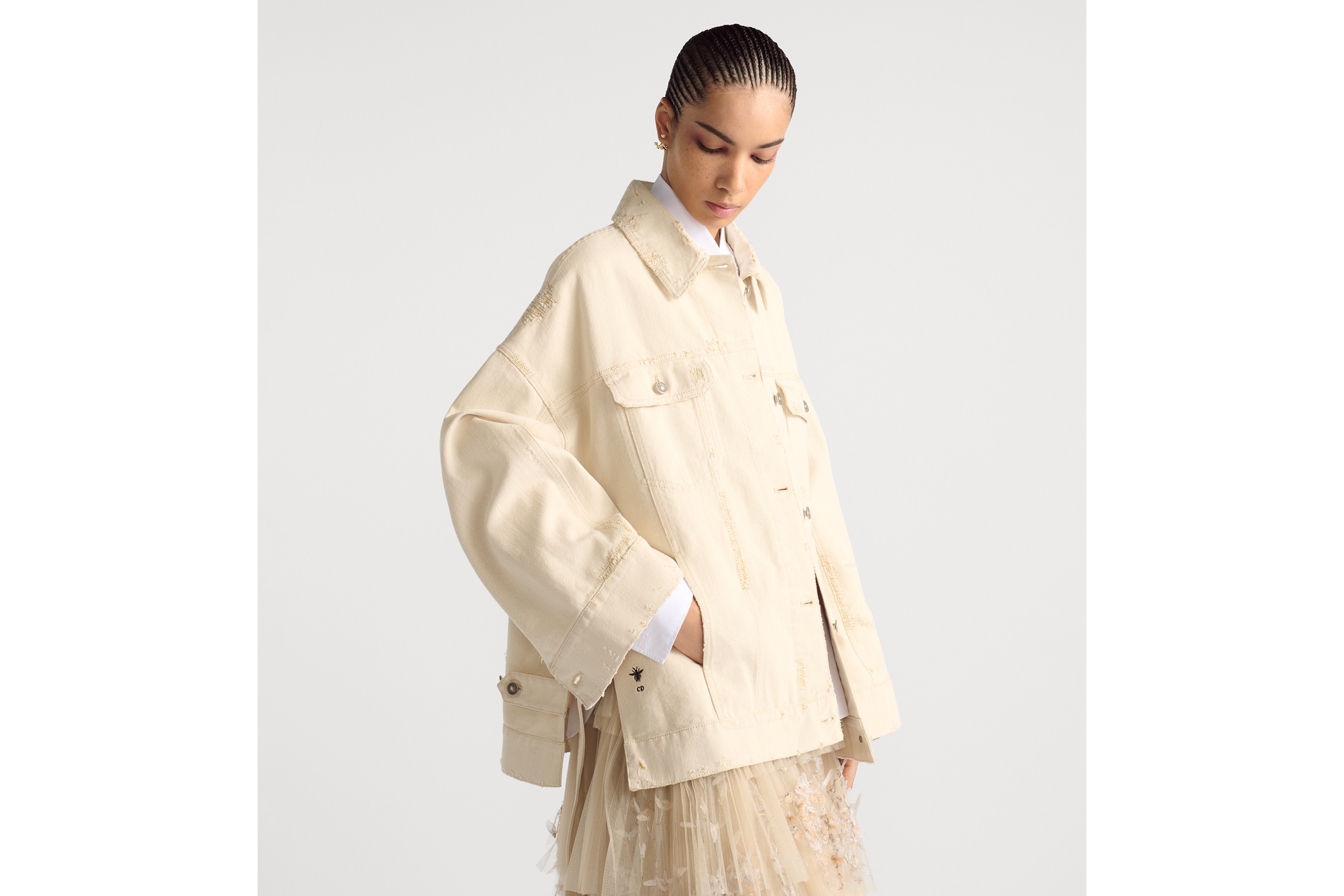 Oversized Belted Jacket Ecru Vintage-Effect Cotton-Blend Denim with Gold-Tone Metallic Thread | DIOR