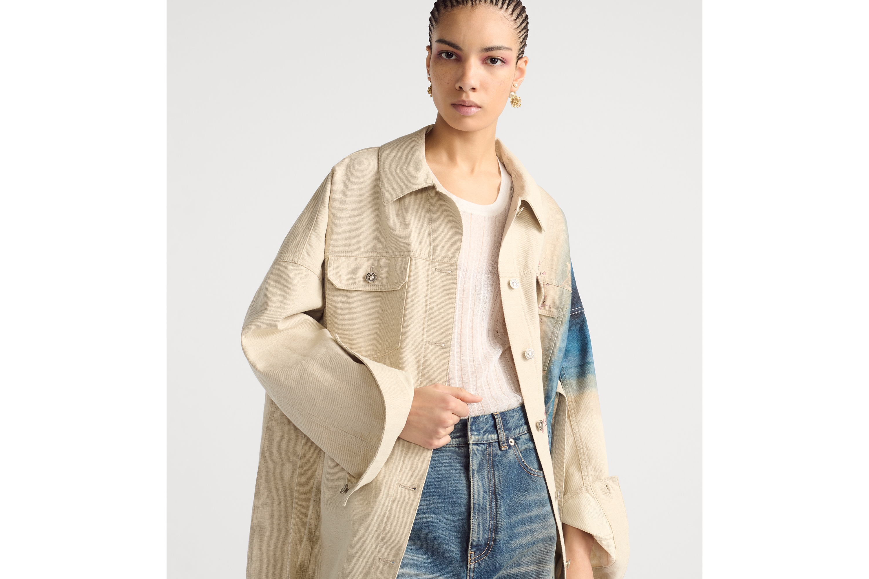 Belted Oversized Coat Beige Cotton and Linen Denim with Multicolor Dior ...