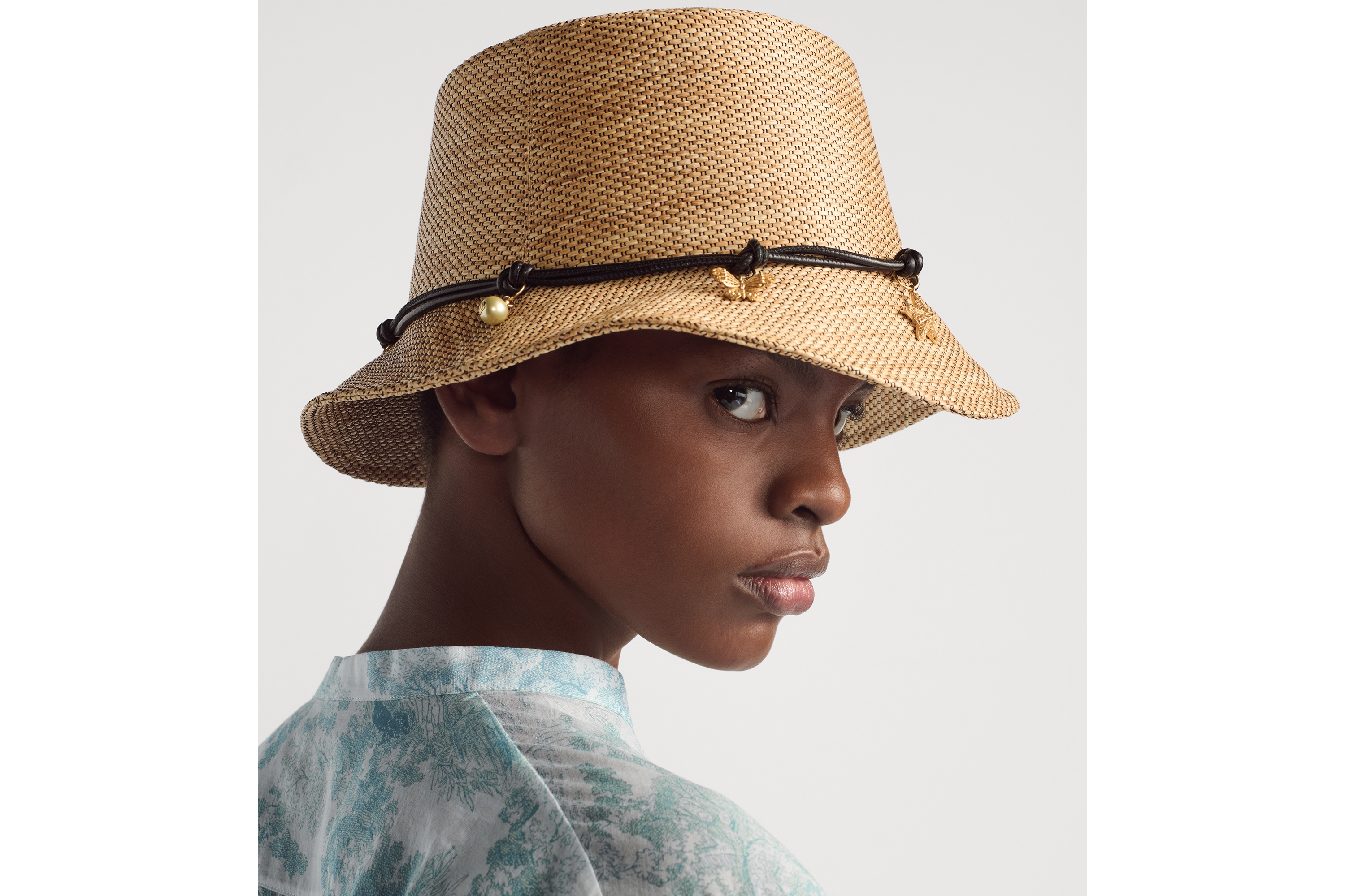 Bob Teddy-D à petit bord Dioriviera Paille, cuir d'agneau noir et ...