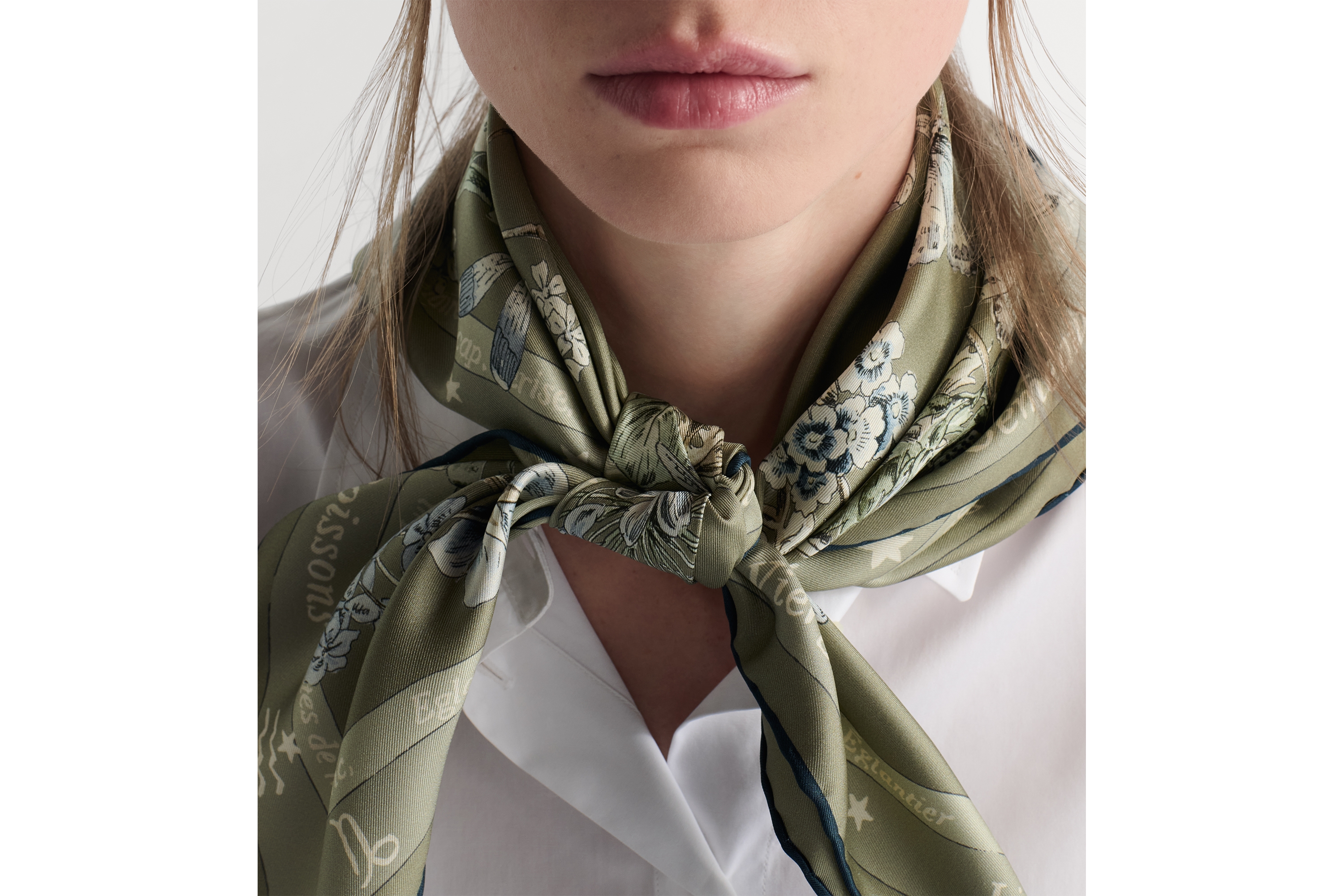 Dior Zodiac Flowers 70 Square Scarf Khaki Multicolor Silk Twill | DIOR