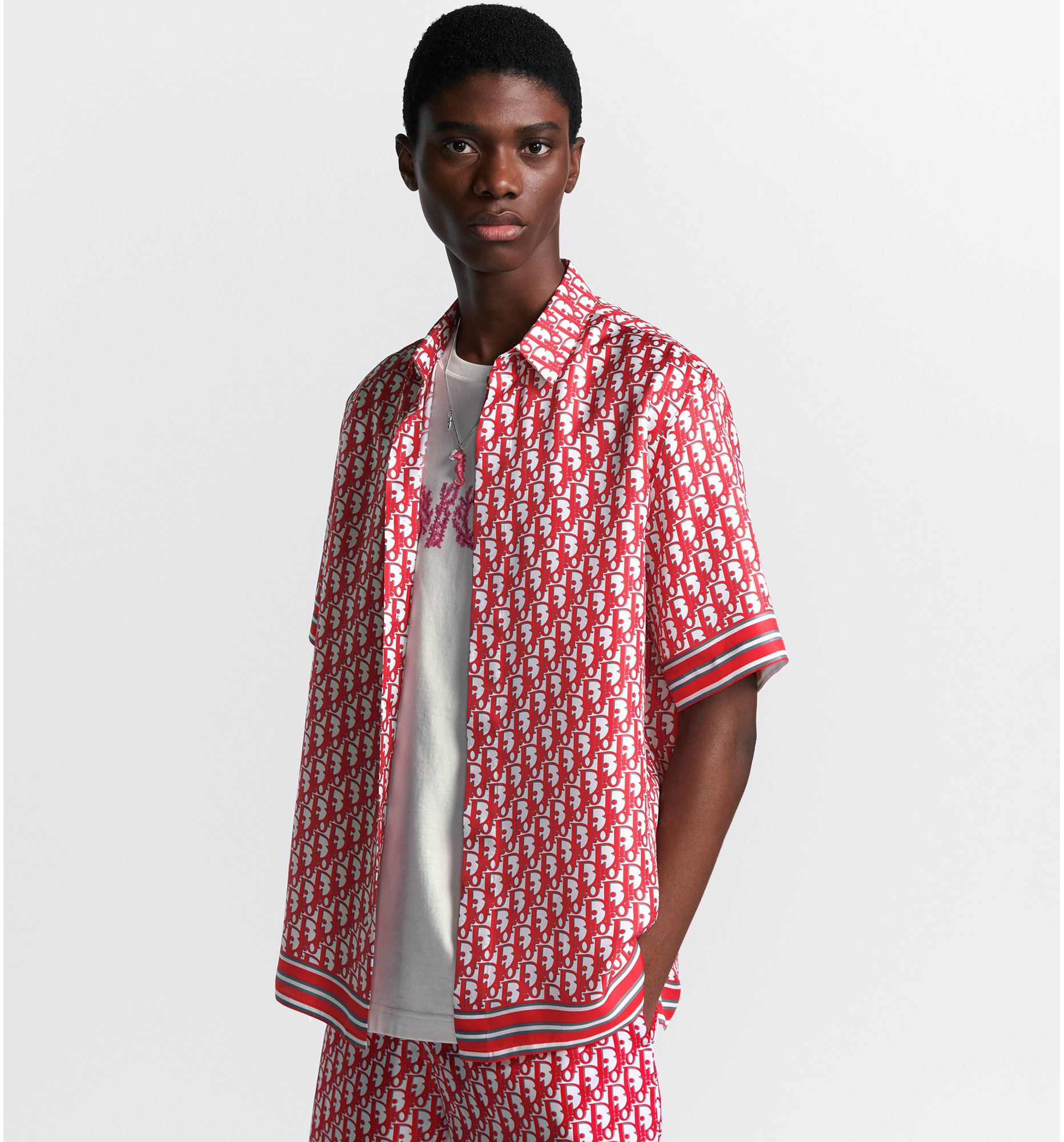 Dior Oblique Short-Sleeved Shirt Red and White Silk Twill | DIOR