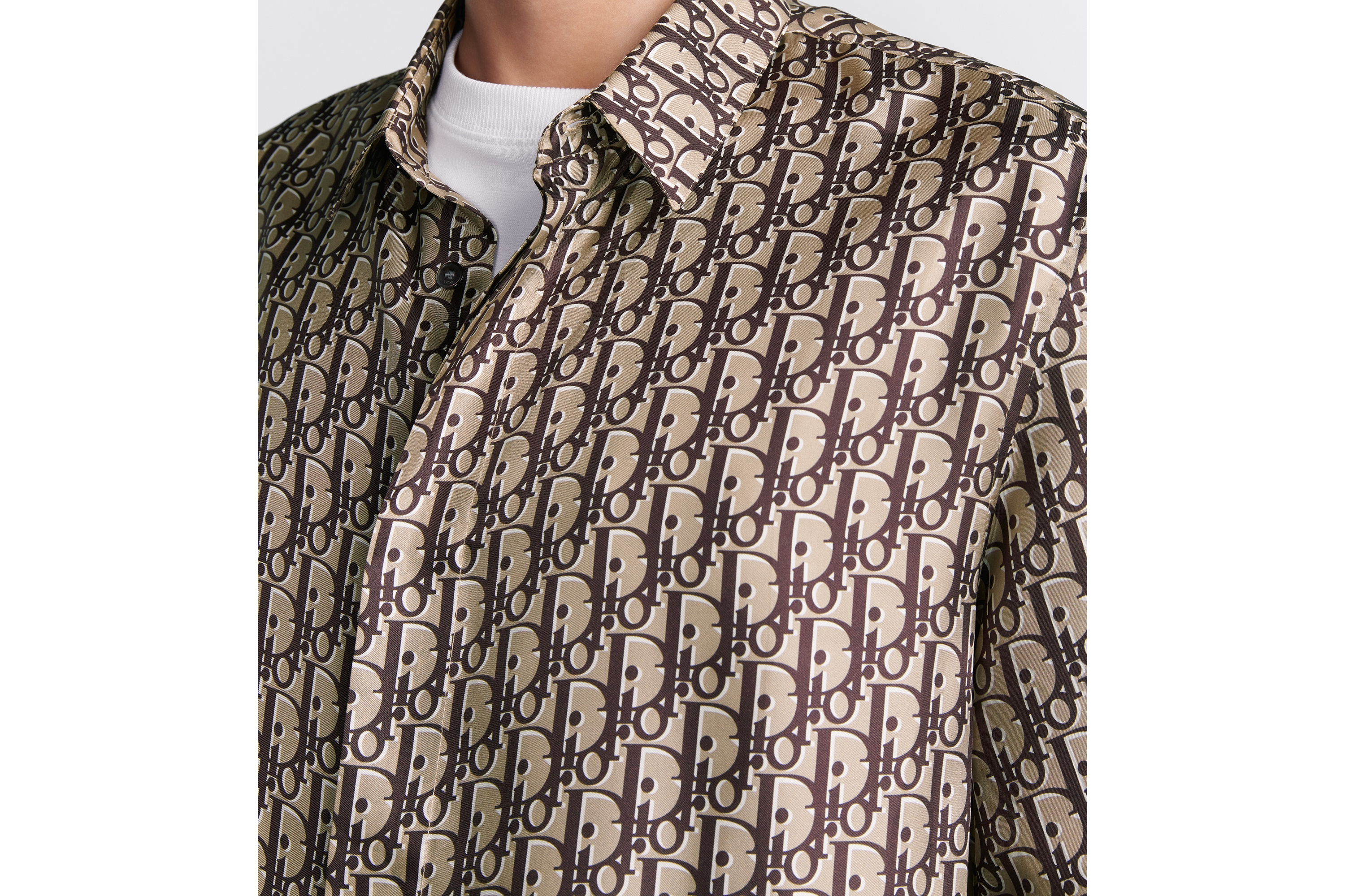 Camicia a maniche corte Dior Oblique Twill di seta beige e marrone | DIOR