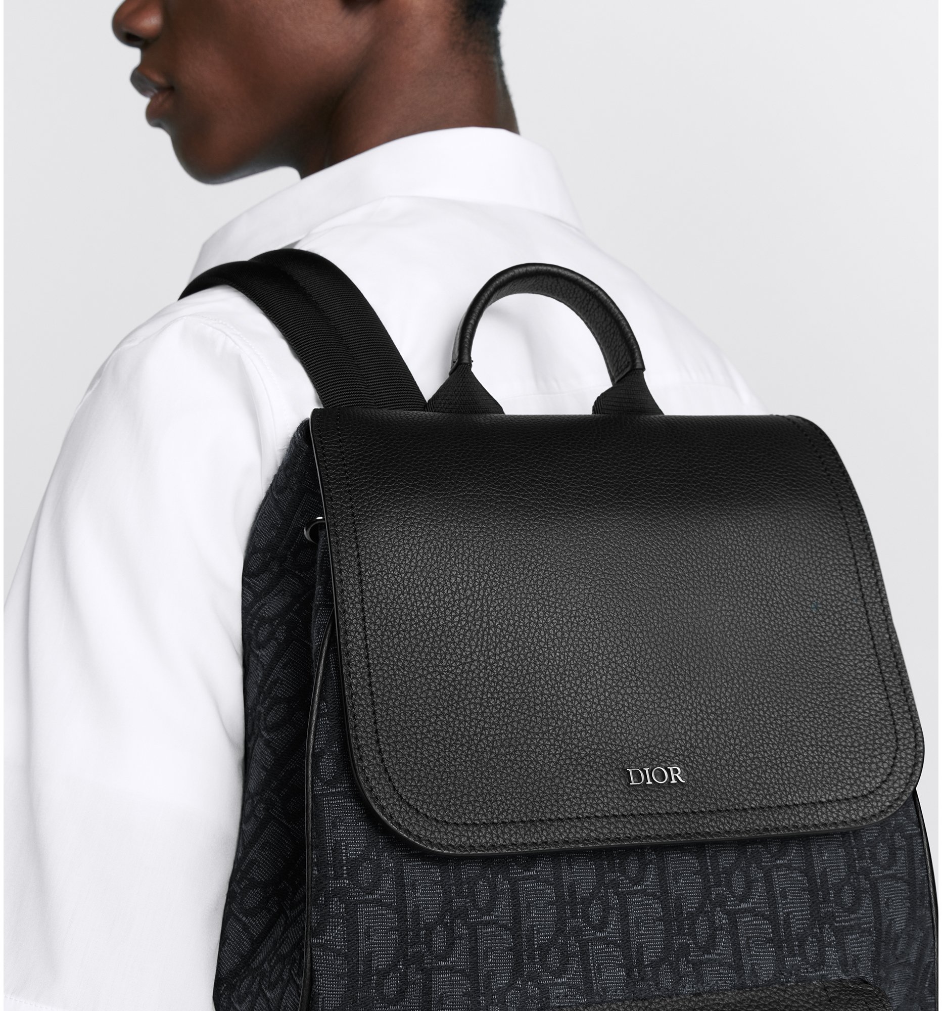 Saddle Backpack with Flap Black Dior Oblique Jacquard and Black Grained ...
