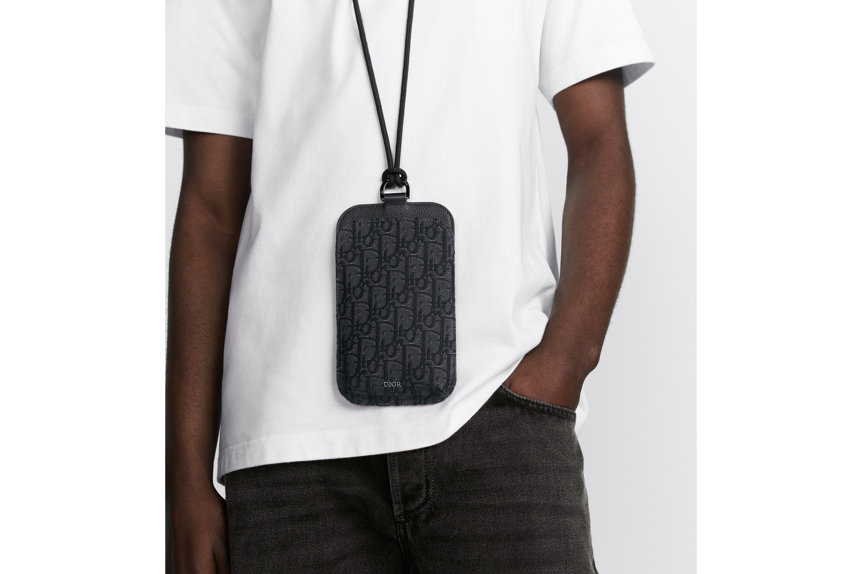 Phone Pouch Black Dior Oblique Jacquard and Black Grained Calfskin | DIOR