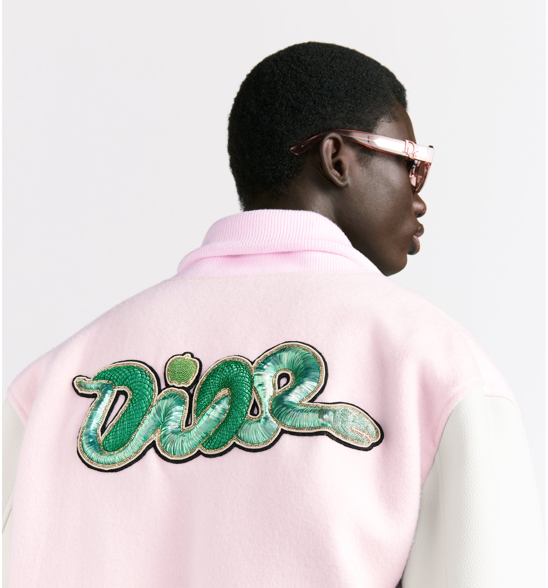 Jaqueta Varsity DIOR AND KAWS Lã virgem e cashmere rosa com couro de ...