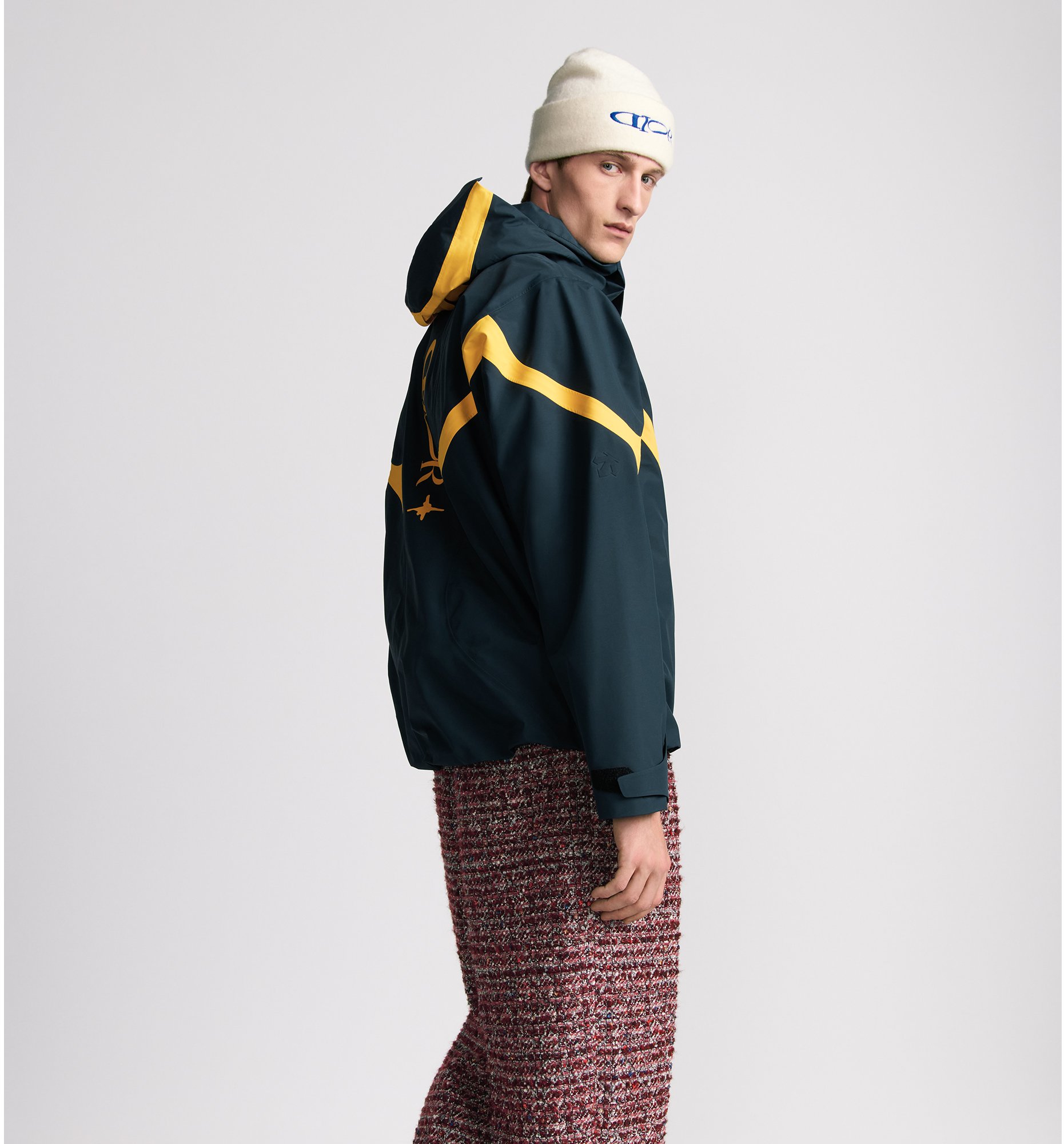 DIOR AND DESCENTE AND LEWIS HAMILTON 스키 파카 네이비 블루 & 옐로우 테크니컬 태피터 | DIOR