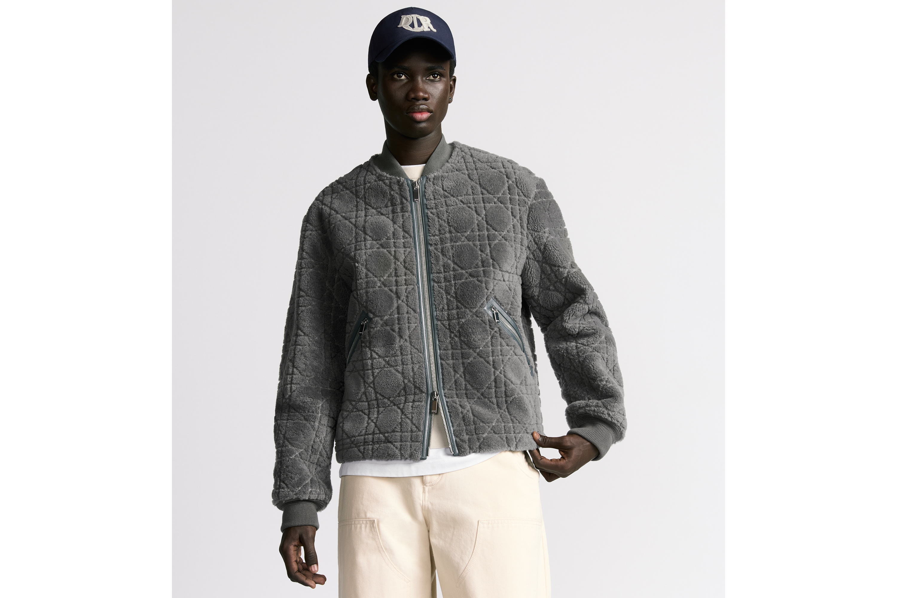 Cannage Bomber Jacket Gray Shearling | DIOR