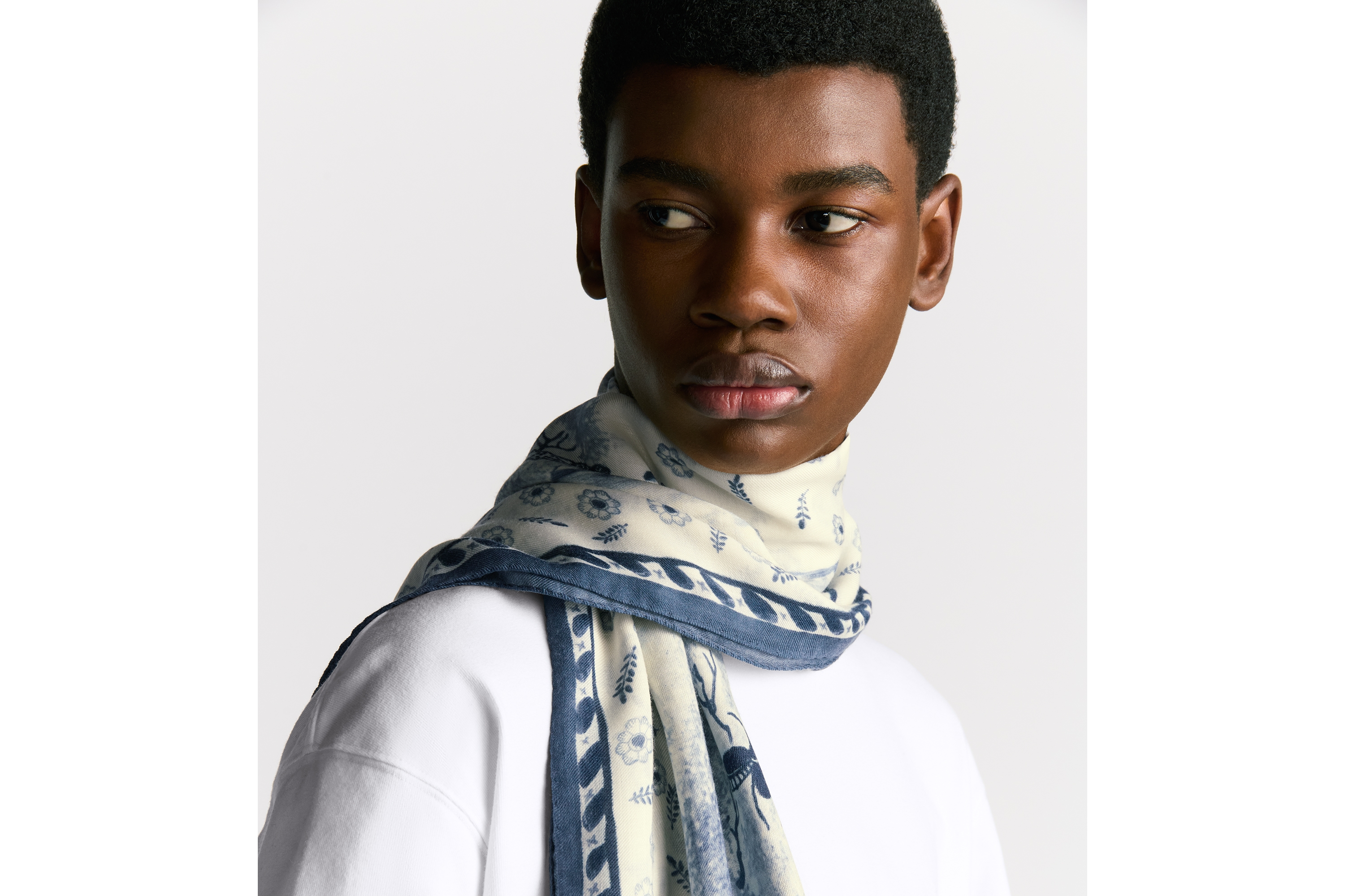 DIOR AND HYLTON NEL Stole Ecru and Blue Silk and Wool | DIOR
