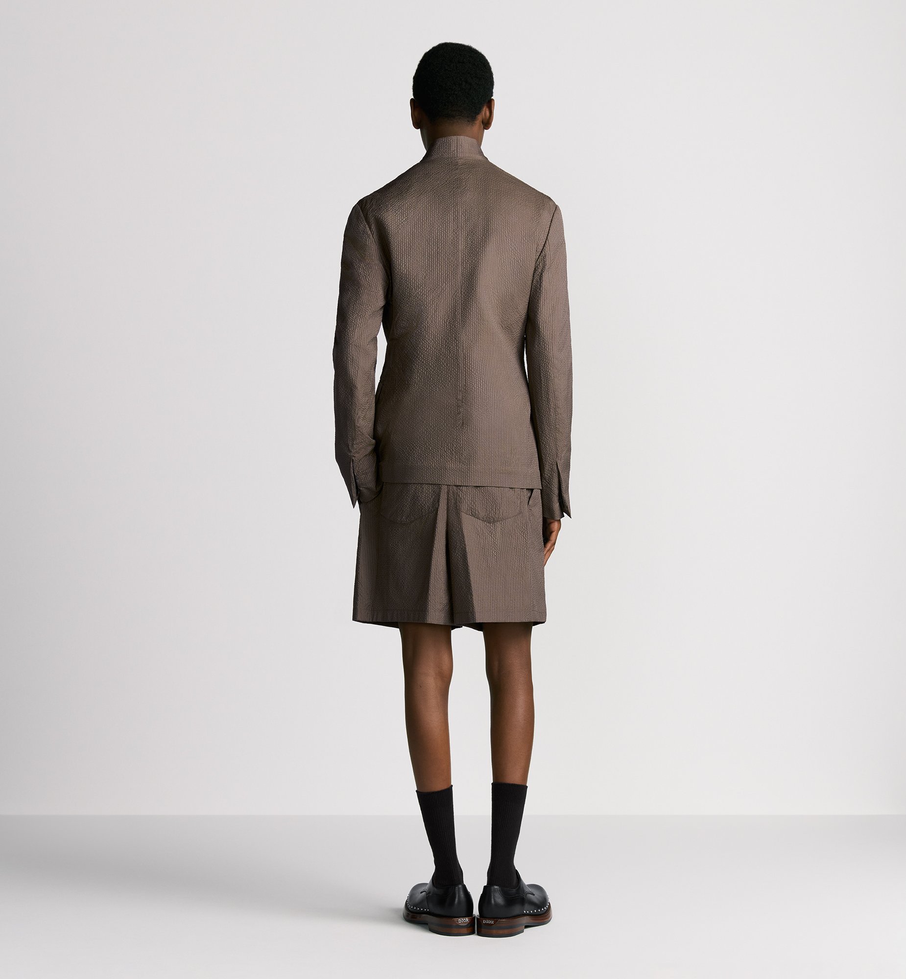 Jacket with Buttoned Collar Brown Striped Silk-Blend Jacket with Buttoned Collar Brown Striped Silk-Blend