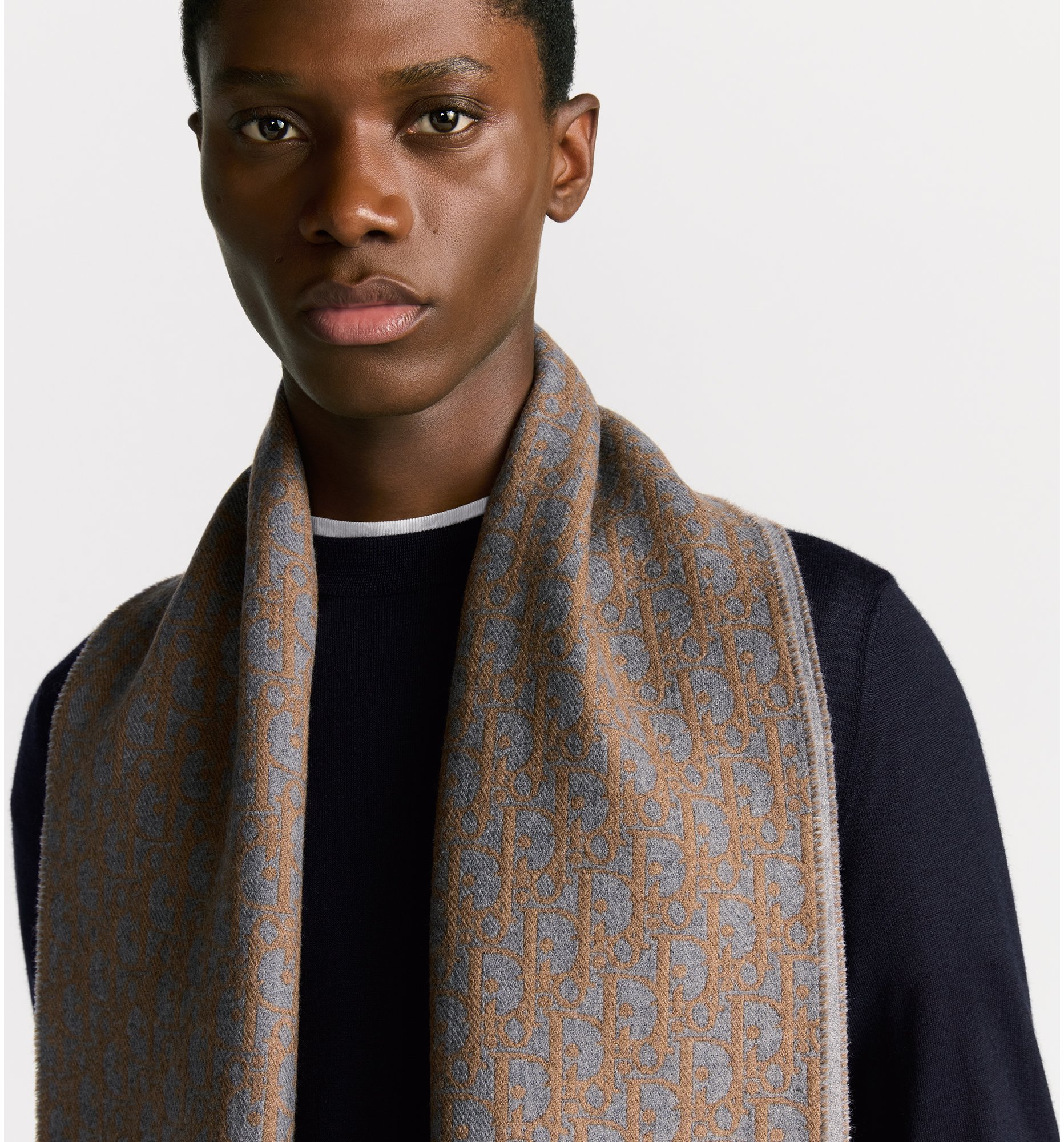 Dior Oblique Double-Sided Scarf Gray and Brown Wool and Cashmere | DIOR