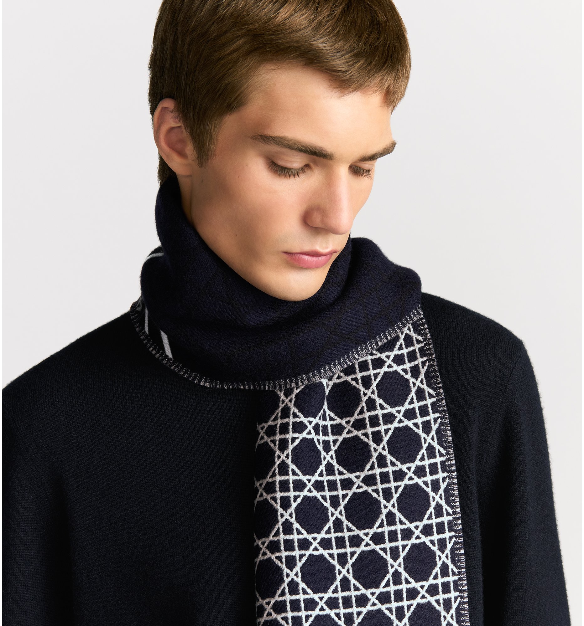 Striped Cannage Scarf Navy Blue, Gray and White Wool | DIOR