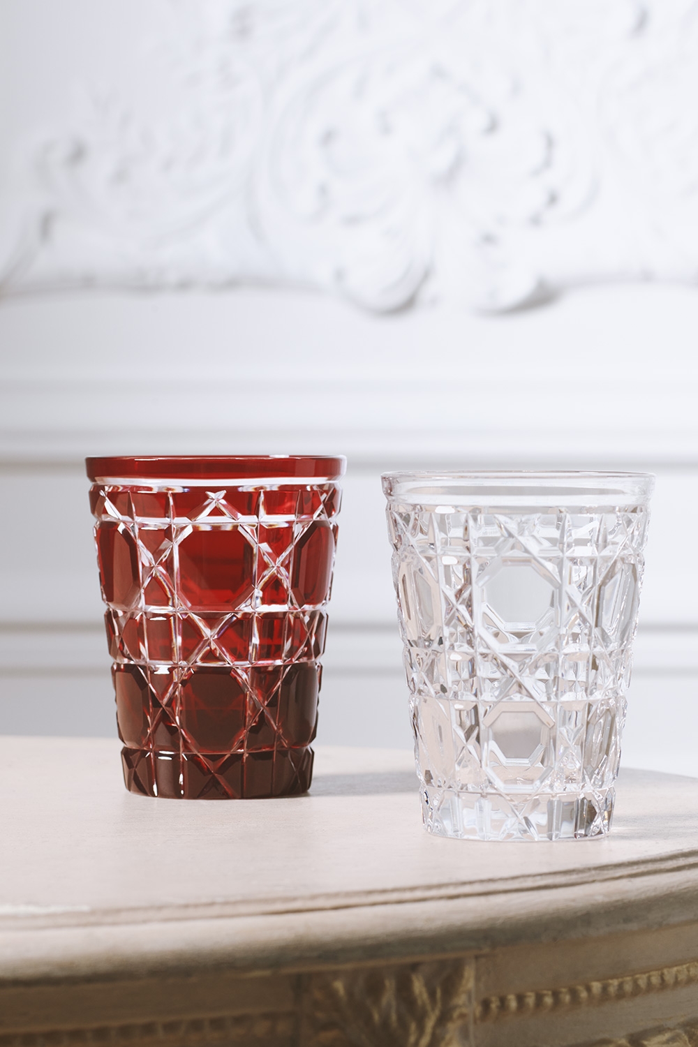 Set of Two Water Glasses Red Crystal with Cannage Motif | DIOR