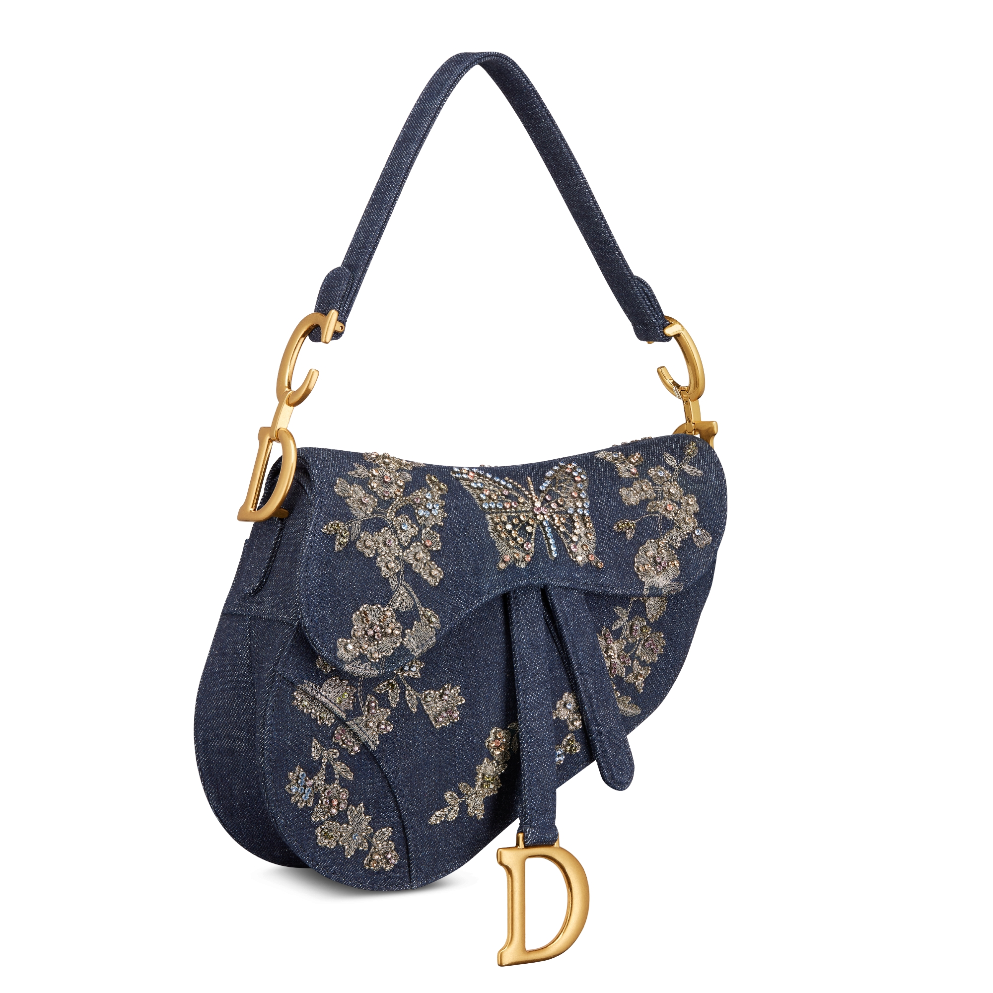 Saddle Bag with Strap Blue Denim Embroidered with Butterflies and ...