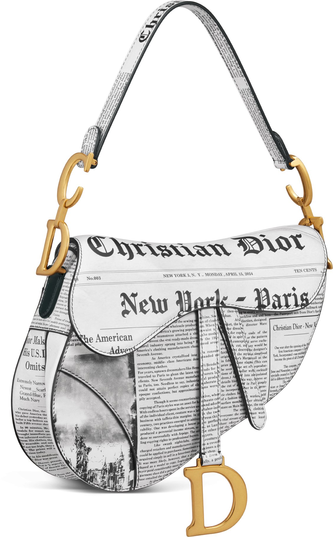 Saddle Bag with Strap White and Black Calfskin with Newspaper Print | DIOR