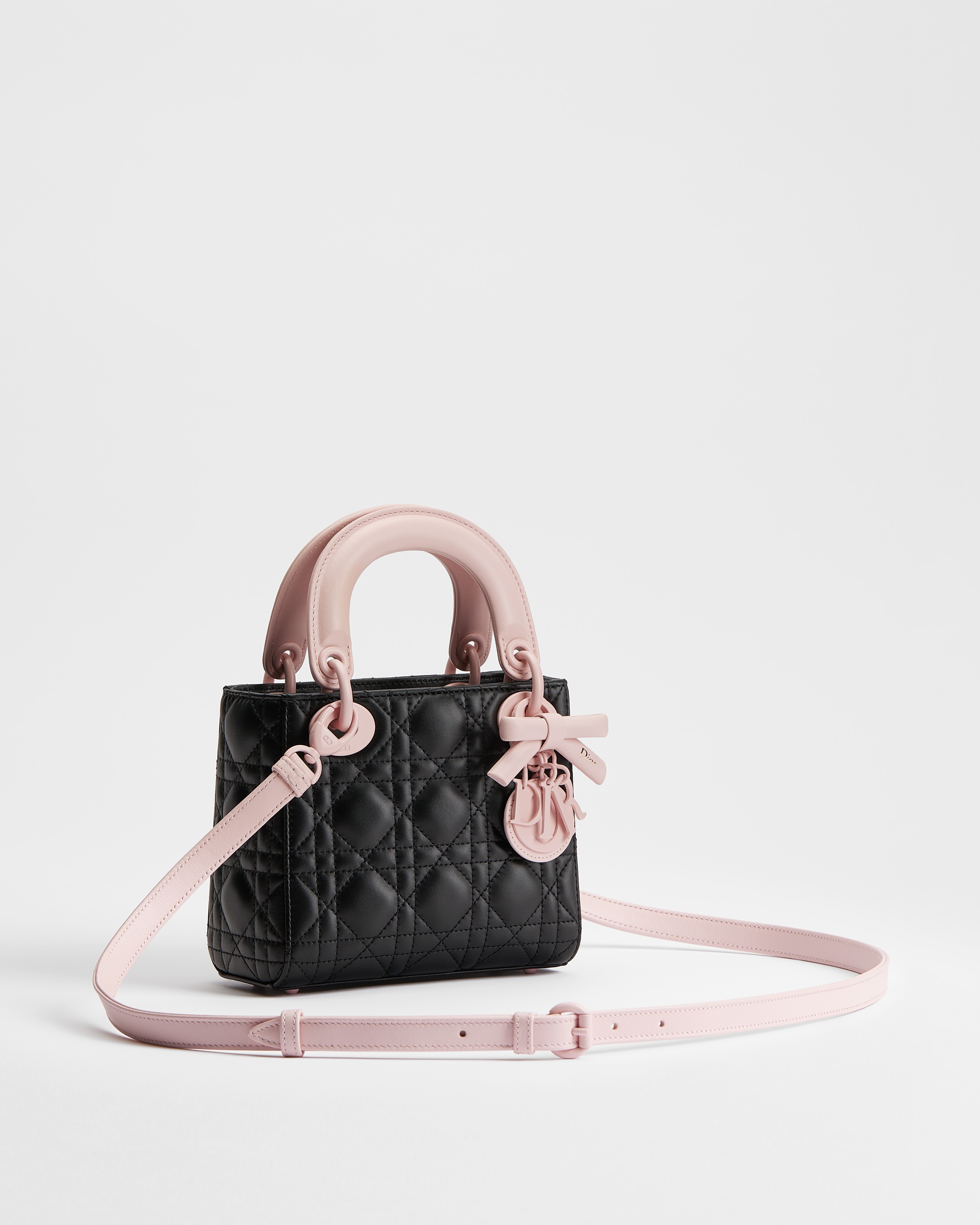 Mini Lady Dior Bag with Strap Black and Rose Soupir Cannage Lambskin | DIOR