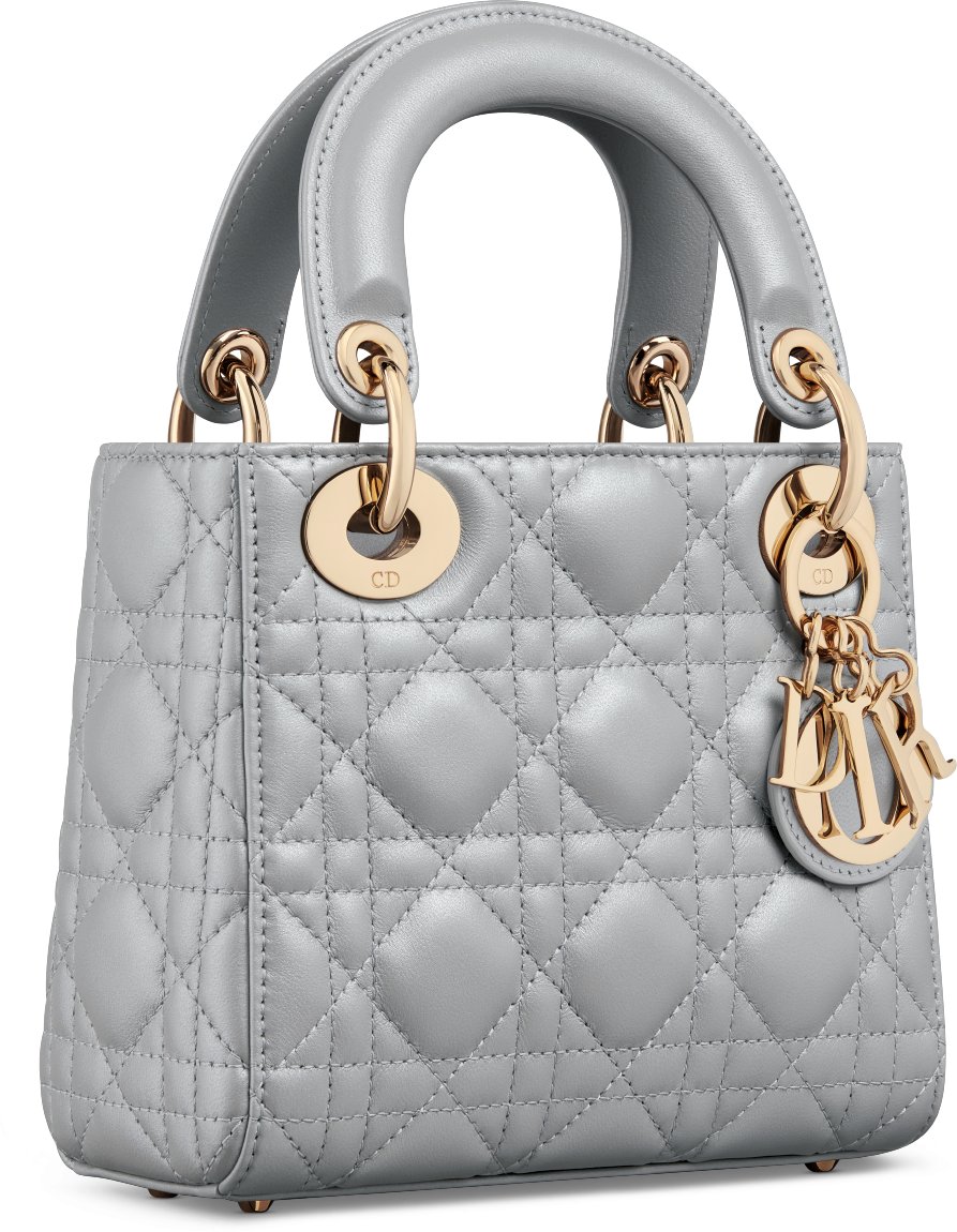 Mini Lady Dior-tas Opaalgrijs parelmoerglanzend lamsleer met Cannage ...