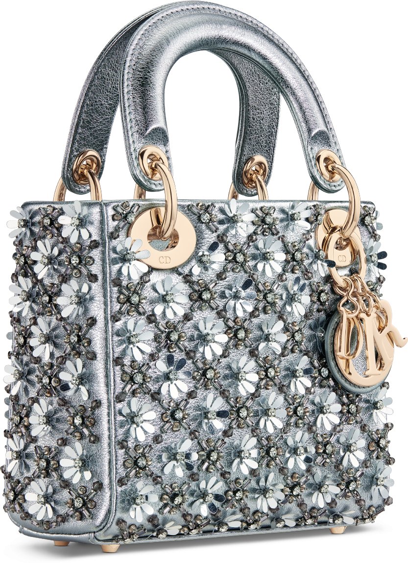 Borsa mini Lady Dior Pelle di vitello color argento ricamata con motivo a fiori 3D | DIOR
