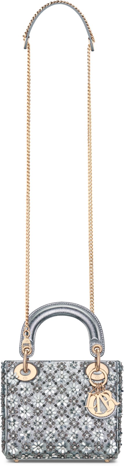 Sac Lady Dior Mini Cuir de veau brodé d'un motif floral en 3D argenté ...