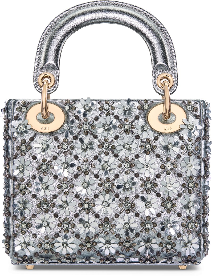 Sac Lady Dior Mini Cuir de veau brodé d'un motif floral en 3D argenté ...