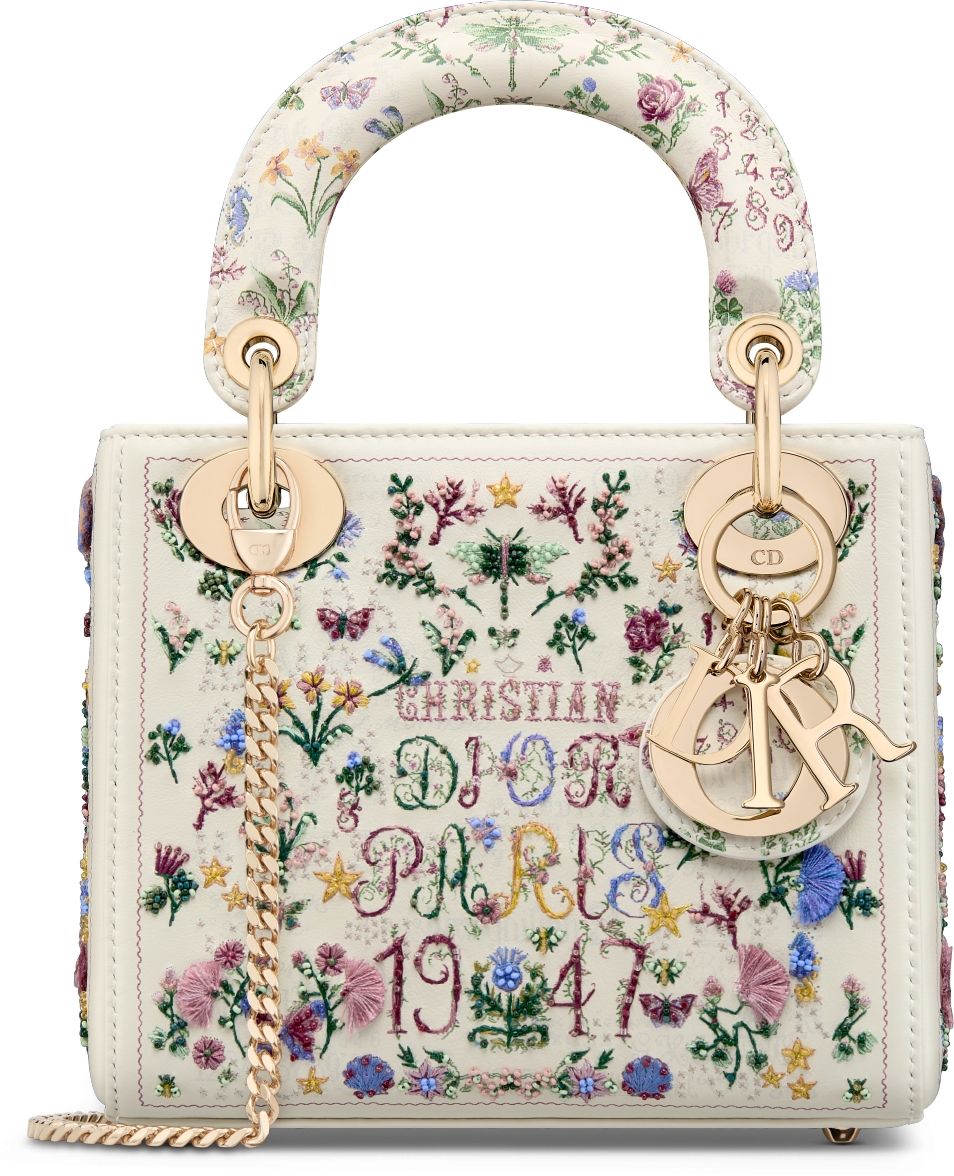 Bolso mini Lady Dior Piel de becerro color latte estampada y bordada ...