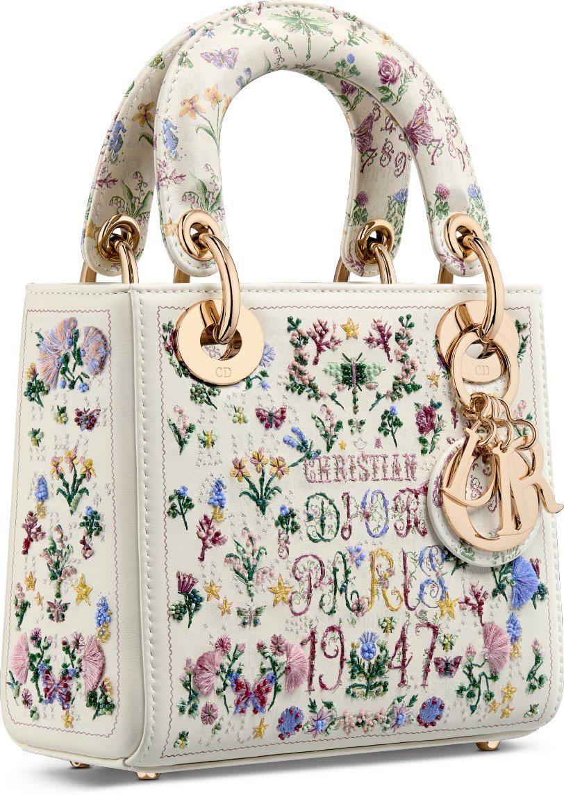 Mini Lady Dior Bag Latte Calfskin Printed and Embroidered with ...