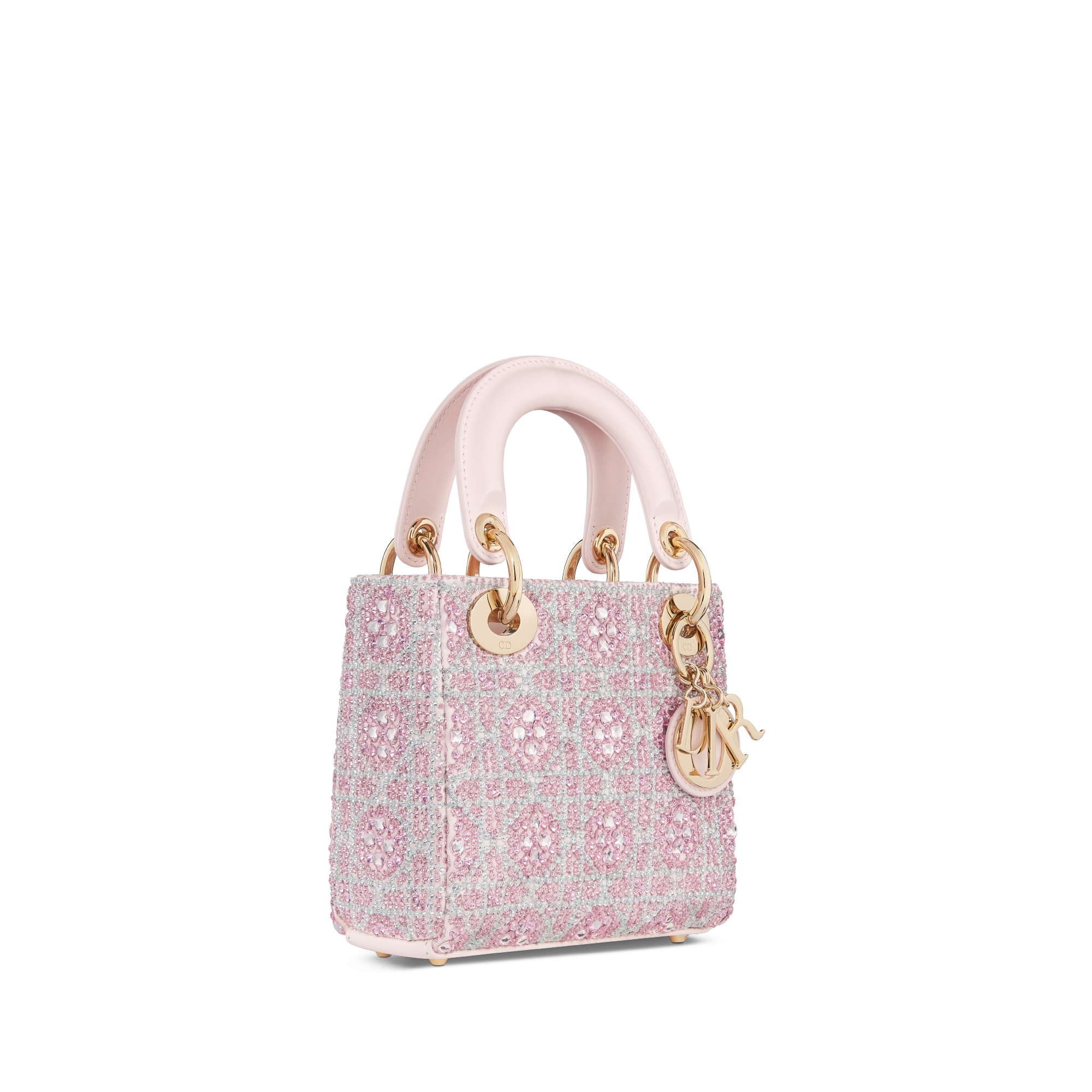 Mini Lady Dior Bag Cannage Embroidery with Pink Beads and Silver-Tone ...