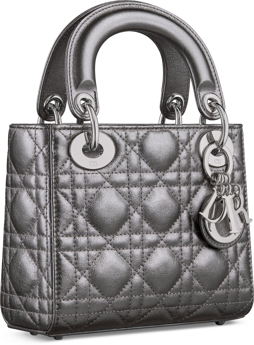Mini Lady Dior-tas Metallic zilverkleurig kalfsleer met Cannage-motief ...