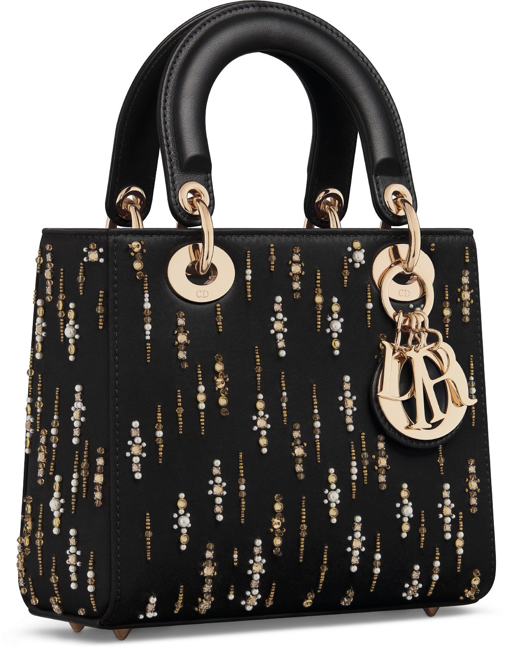Bolsa Lady Dior pequena Cetim preto bordado com contas douradas e pérolas de resina branca | DIOR