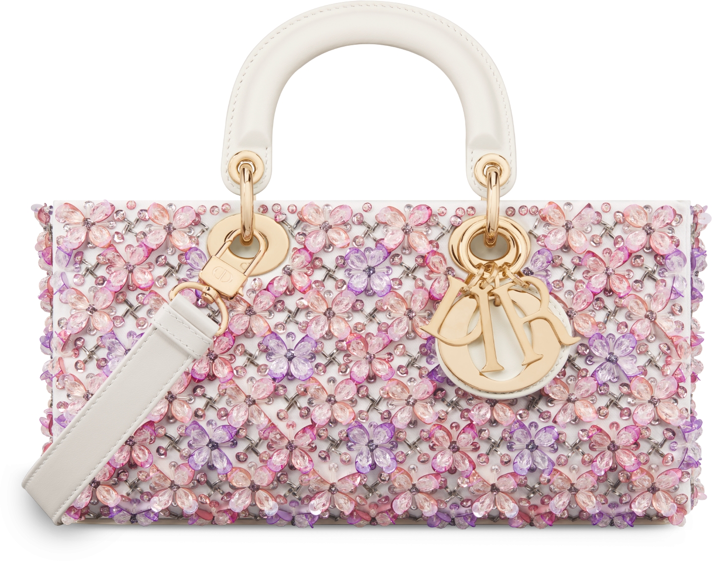 Medium Lady D-Joy Bag Latte Satin Embroidered with Pink Flowers and ...