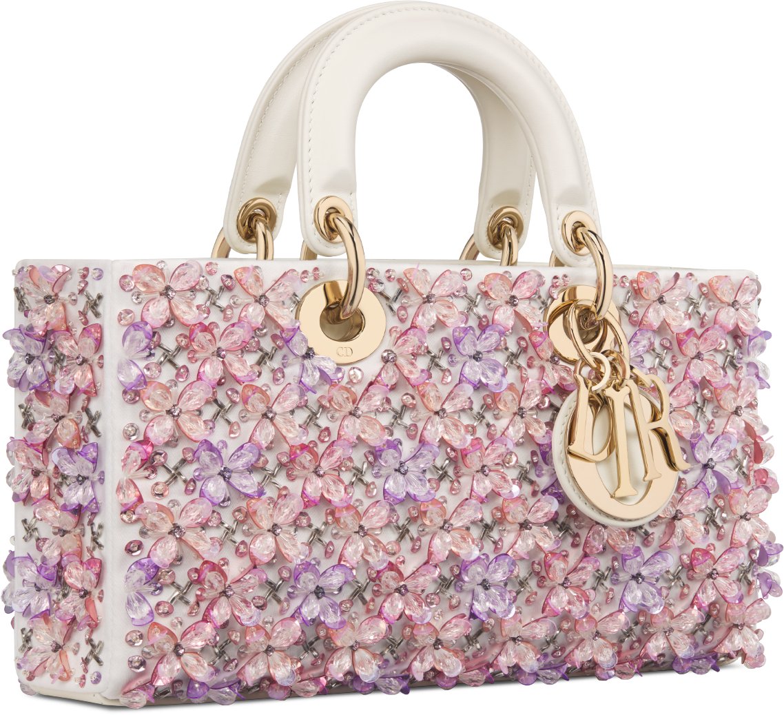 Medium Lady D-Joy Bag Latte Satin Embroidered with Pink Flowers and ...