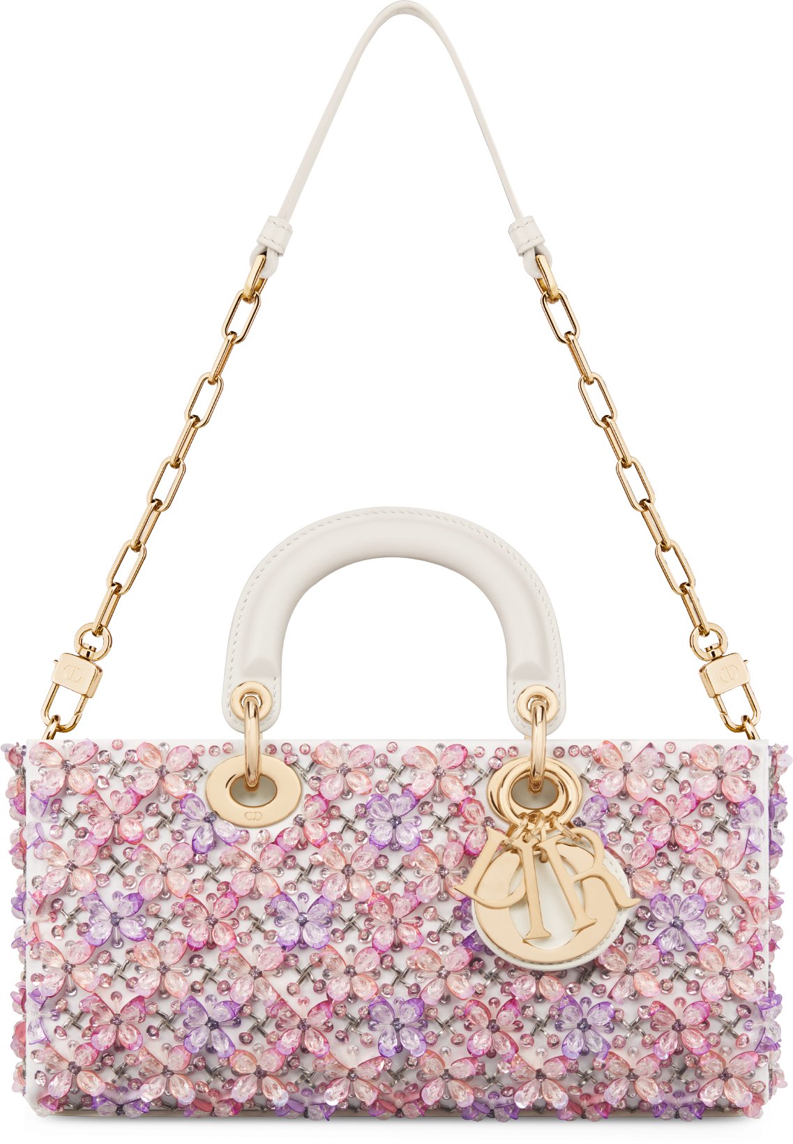 Medium Lady D-Joy Bag Latte Satin Embroidered with Pink Flowers and ...