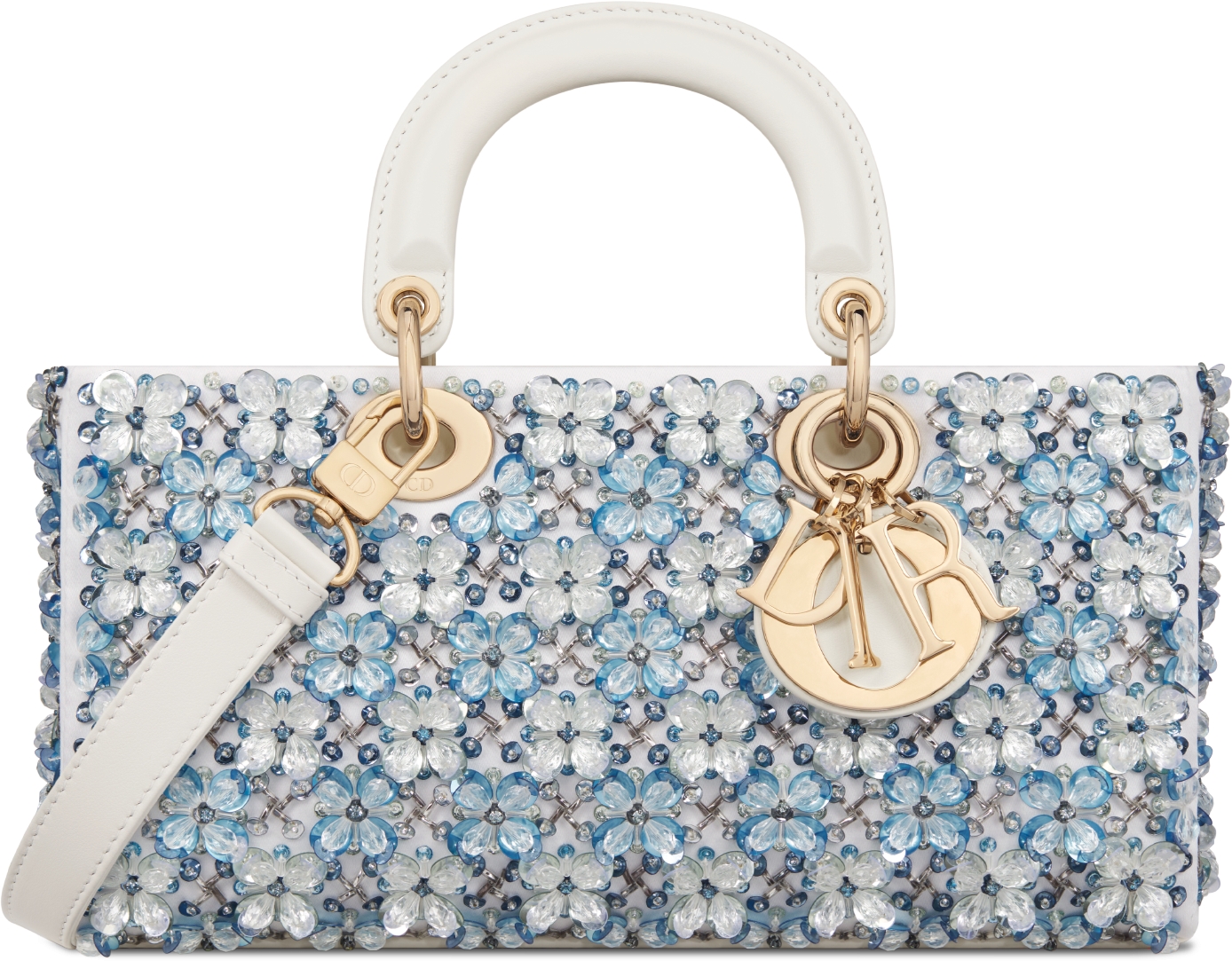 Medium Lady D-Joy Bag Latte Satin Embroidered with Denim Blue Flowers ...