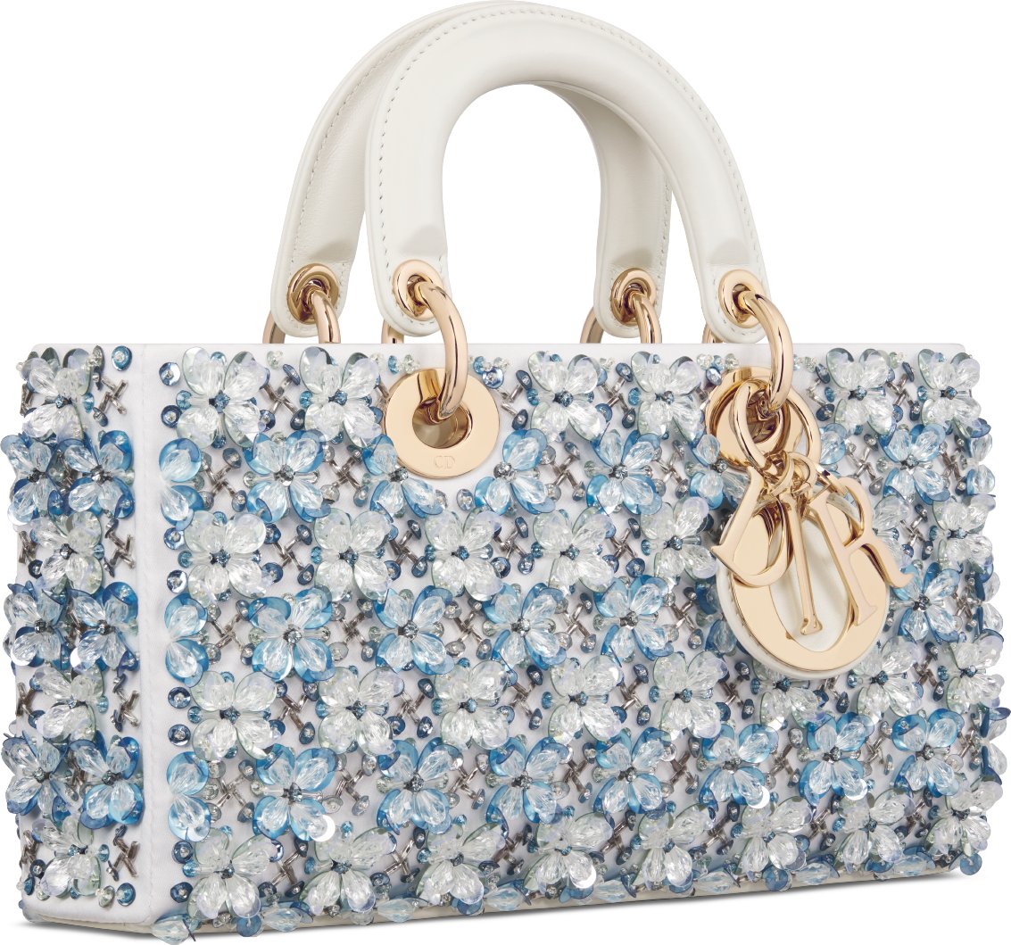 Medium Lady D-Joy Bag Latte Satin Embroidered with Denim Blue Flowers ...