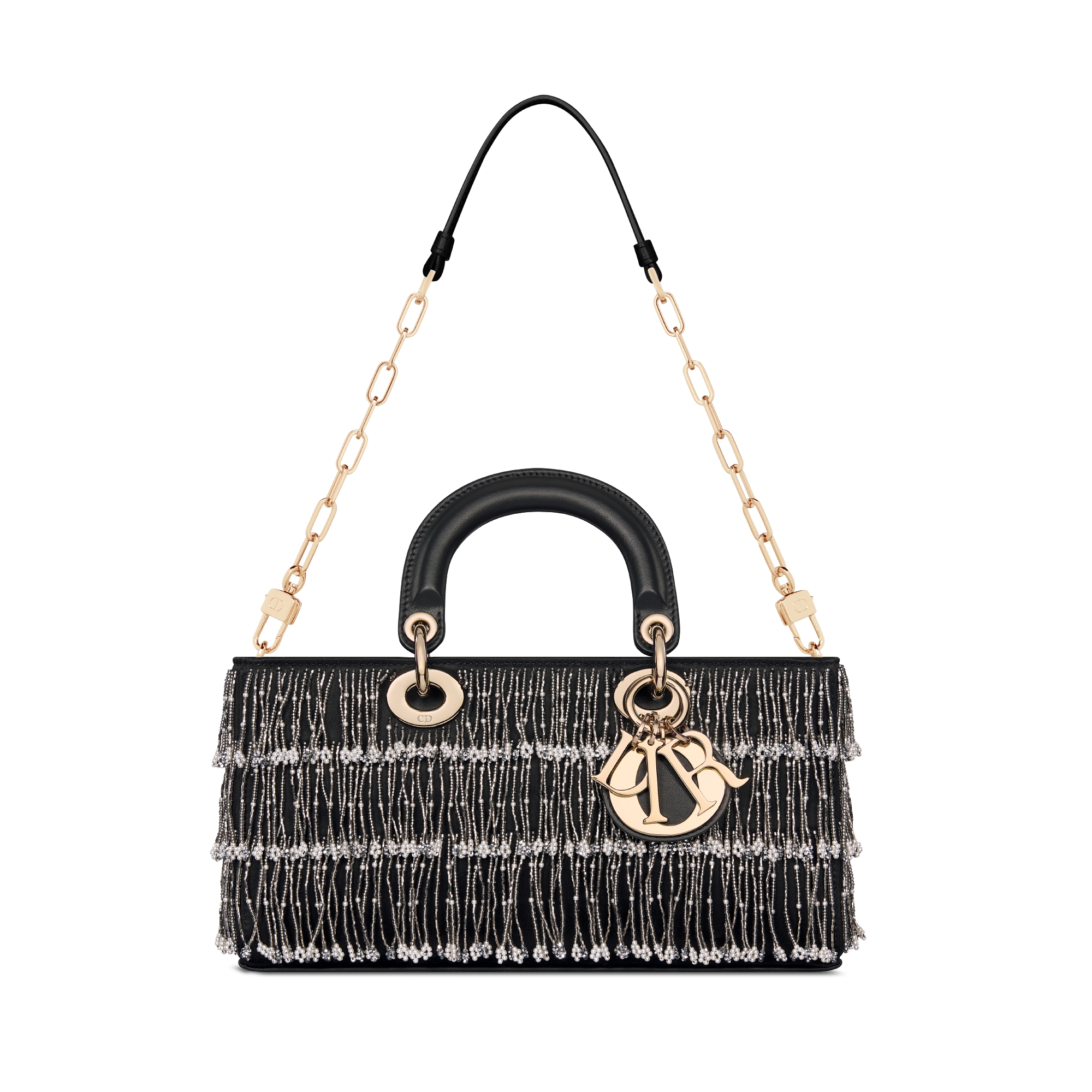 Borsa media Lady D-Joy Raso nero con frange di perline e strass color ...