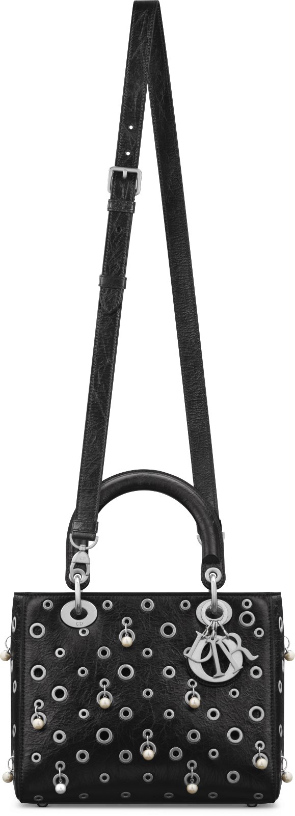 Medium Lady Dior Bag Black Crinkled Calfskin with Silver-Finish Eyelets ...