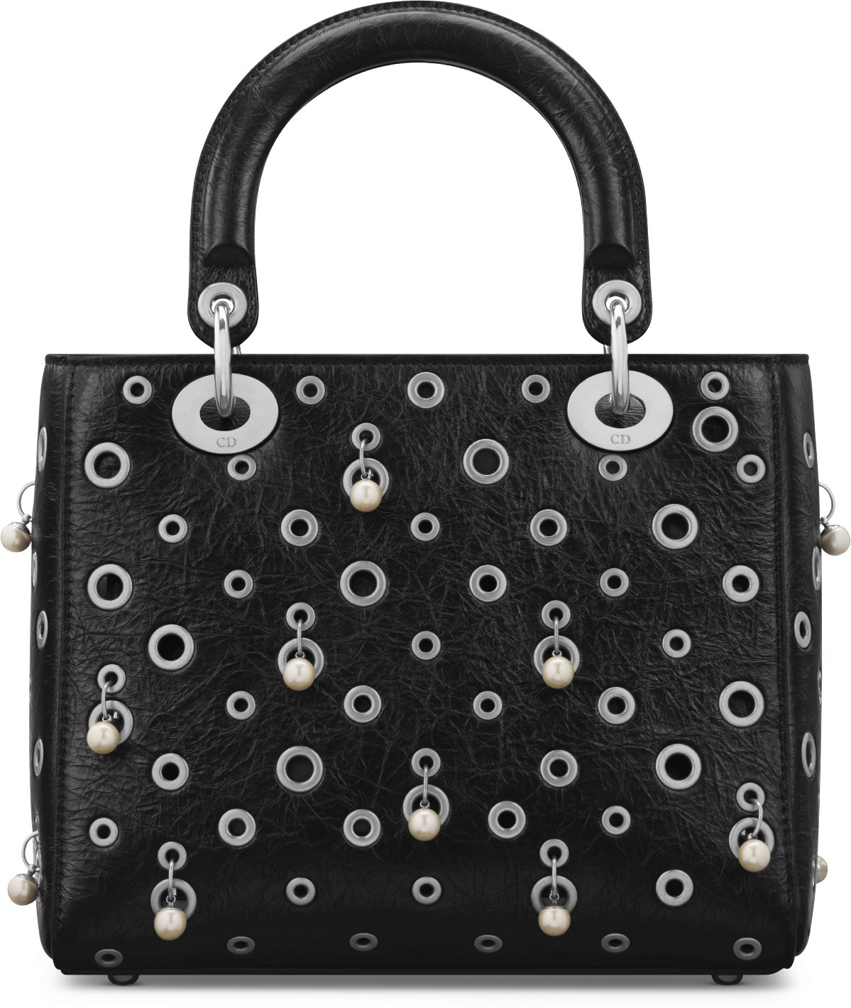 Medium Lady Dior Bag Black Crinkled Calfskin with Silver-Finish Eyelets ...