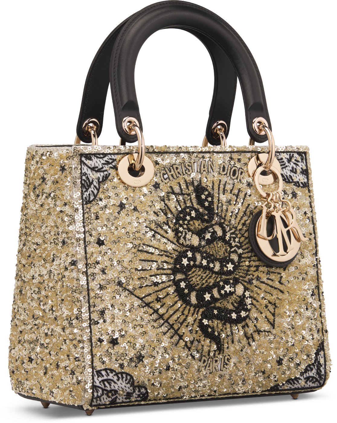 Medium Lady Dior Bag Calfskin Embroidered with Black and Gold-Tone Sequins and Beads in Dior ...